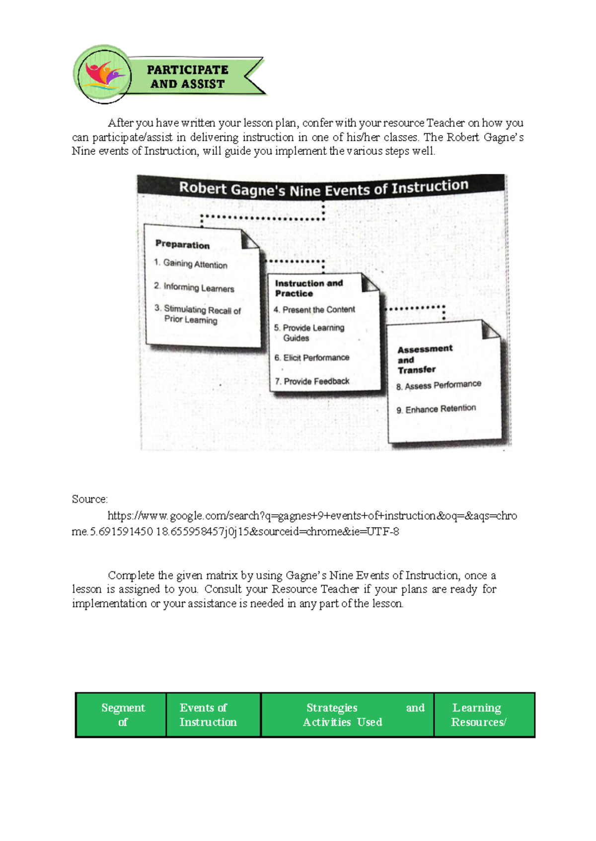 ELC-102 Lesson Plan Implementation Using Nine Events of Instruction ...