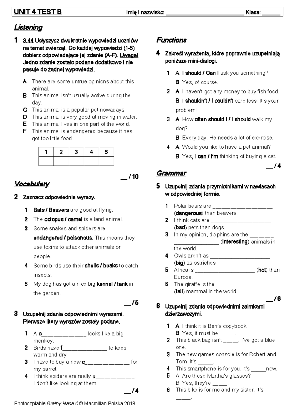 630422000 Brainy KL6 Unit Test 4B: Listening & Vocabulary - Studocu