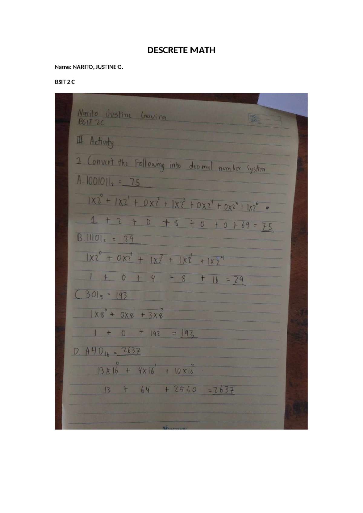 Descrete MATH - Name: NARITO, JUSTINE G. BSIT 2C Narito Justine Gavina ...