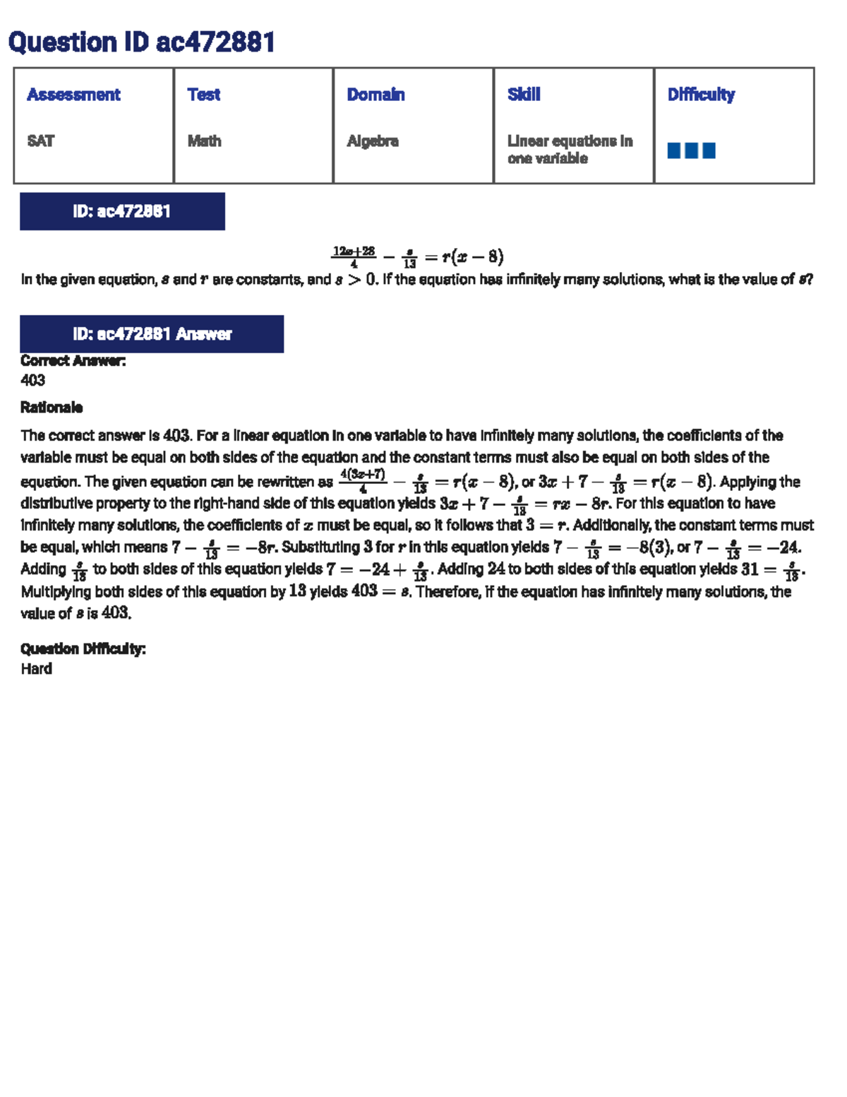 SAT Math Algebra Assessment Test: Linear Equations in One Variable ...