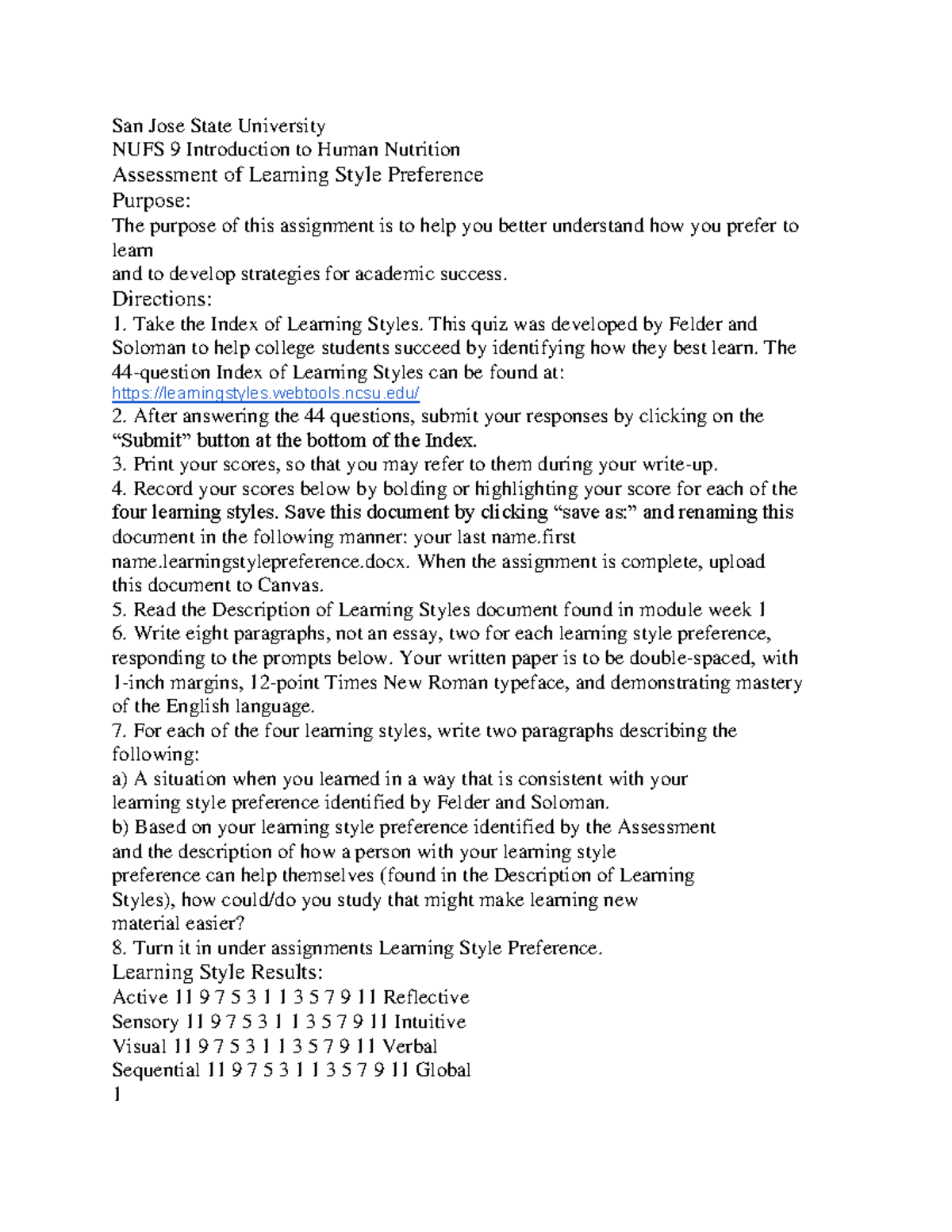 NUFS 9 Learning Style Preference Assignment Instructions - Studocu
