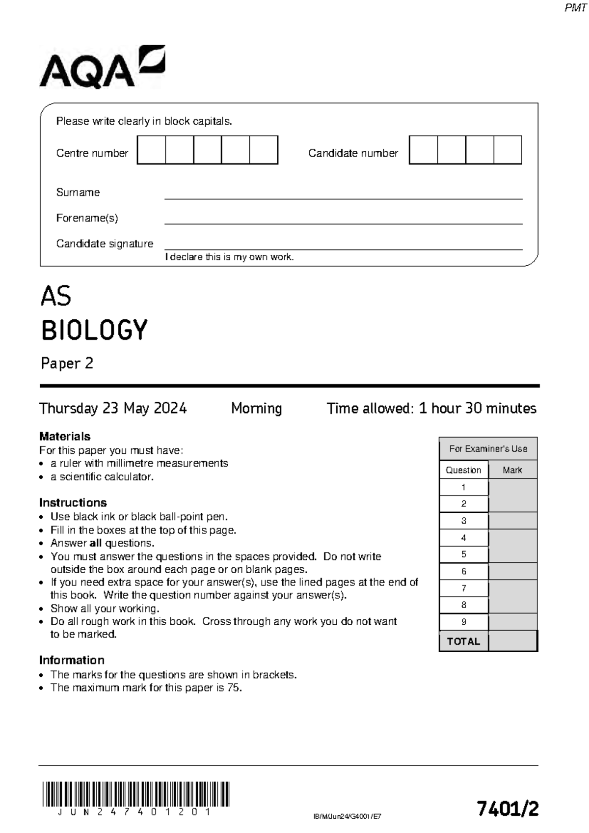 June 2024 AQA AS Biology Paper 2 Question Paper - Studocu
