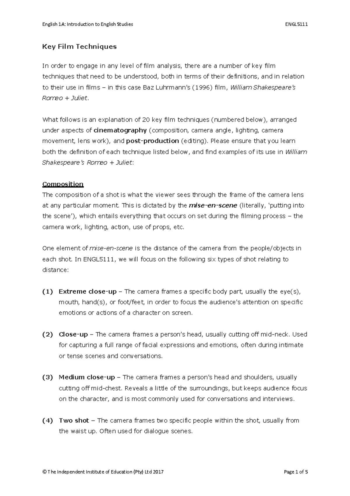 Key Film Techniques in ENGL5111: Understanding Romeo + Juliet - Studocu