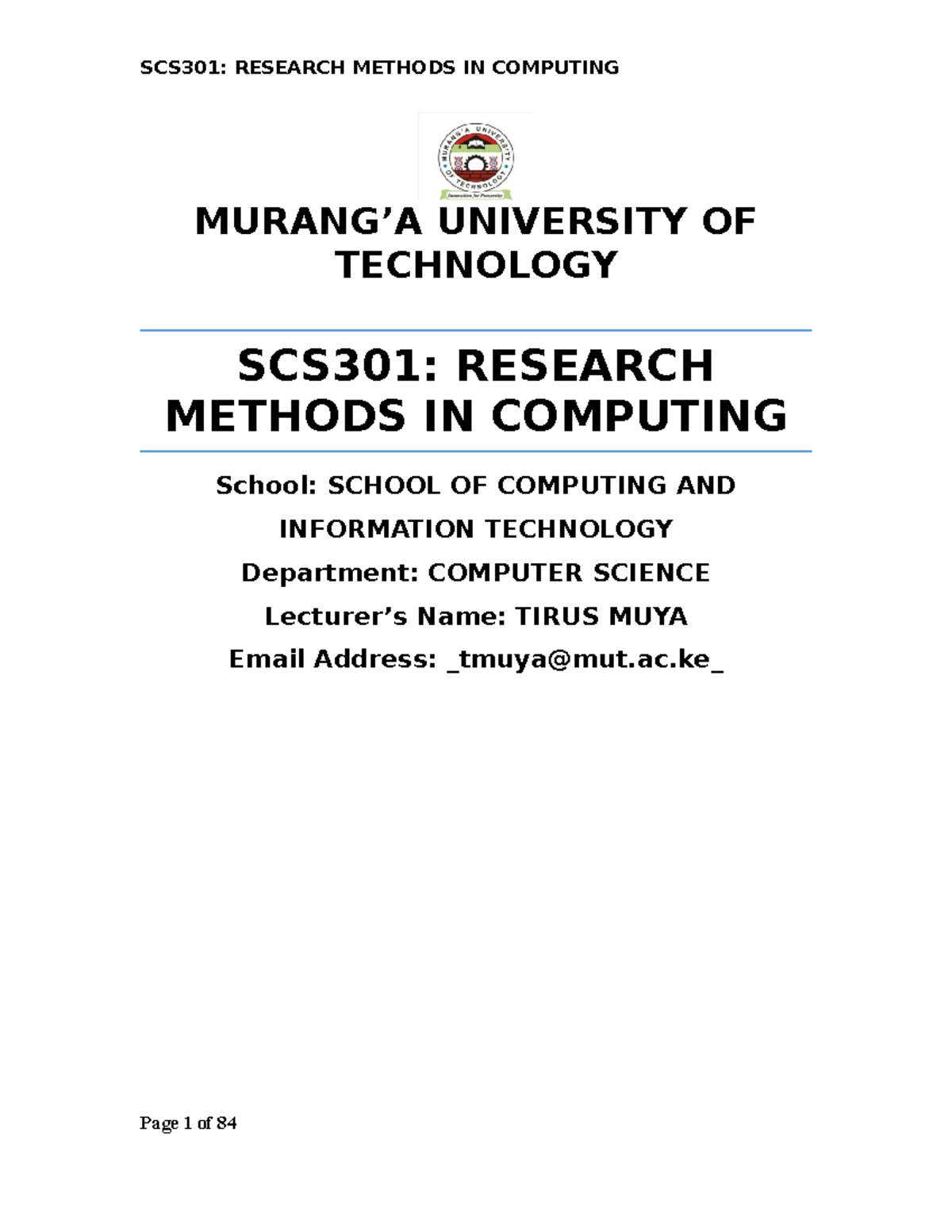 Research Methods in computing notes - MURANG’A UNIVERSITY OF TECHNOLOGY ...
