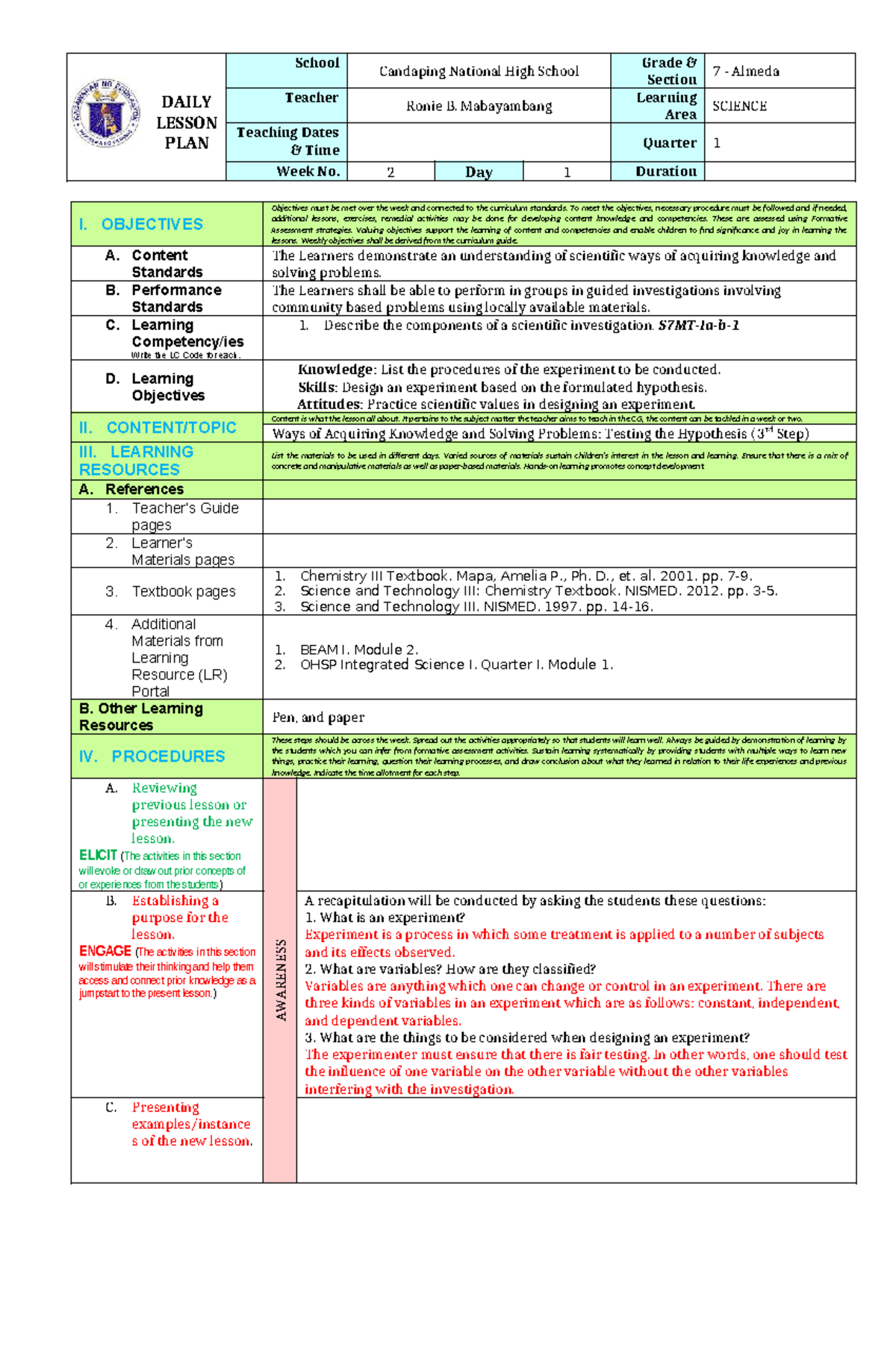 Science 7 DLP Q2W1D1 - Daily Lesson Plan for Investigative Activities ...