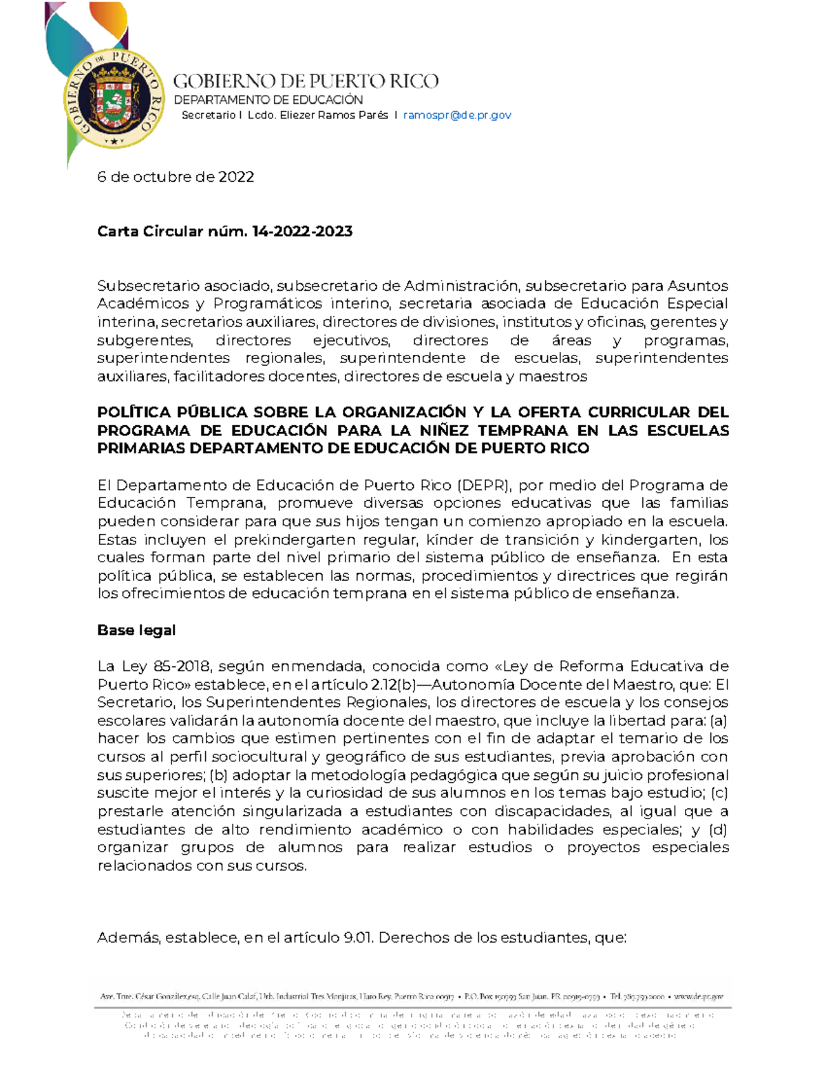 Carta Circular Núm. 14-2022-2023: Política Pública de Educación ...