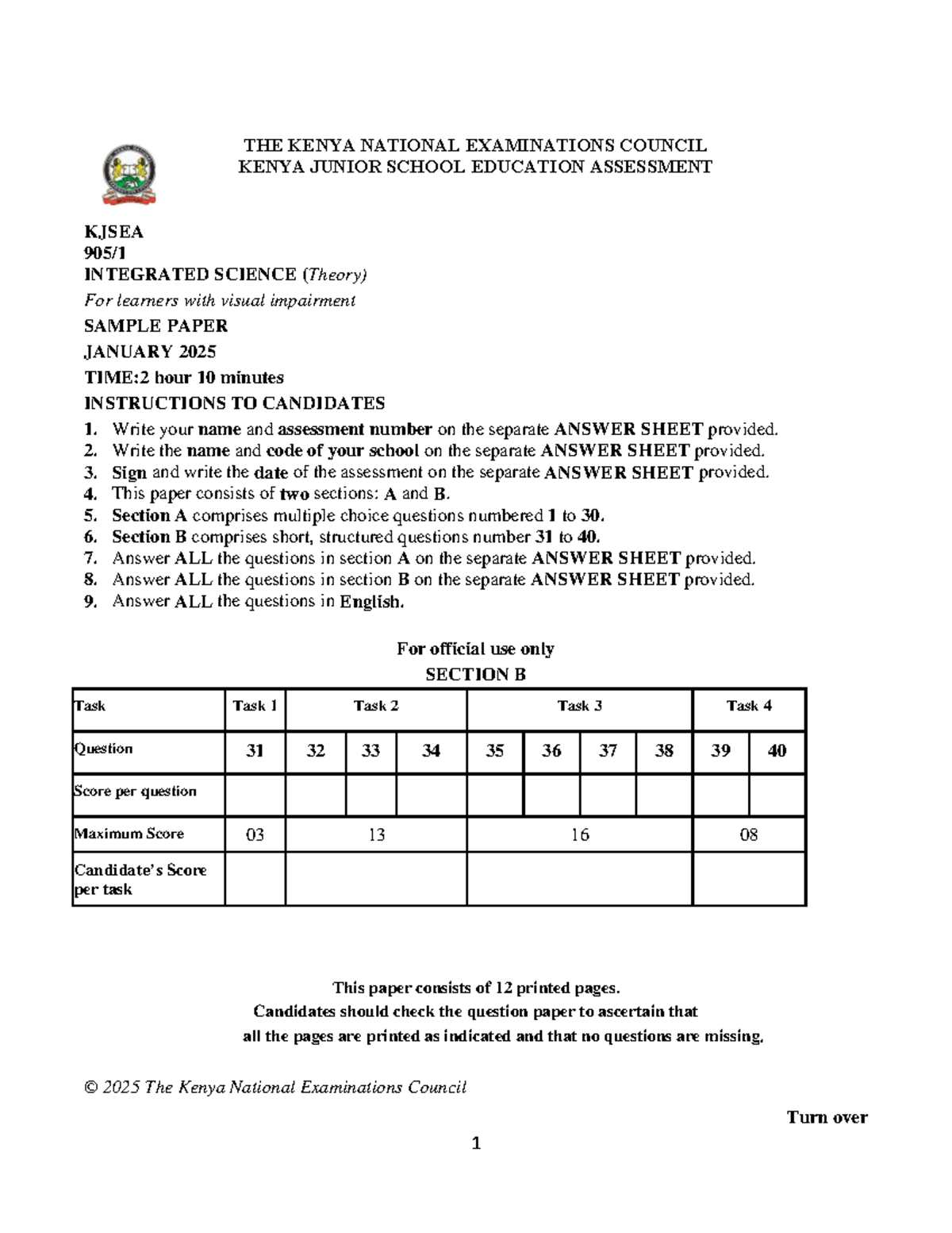 KJSEA 905 Integrated Science Sample Paper January 2025 - Studocu
