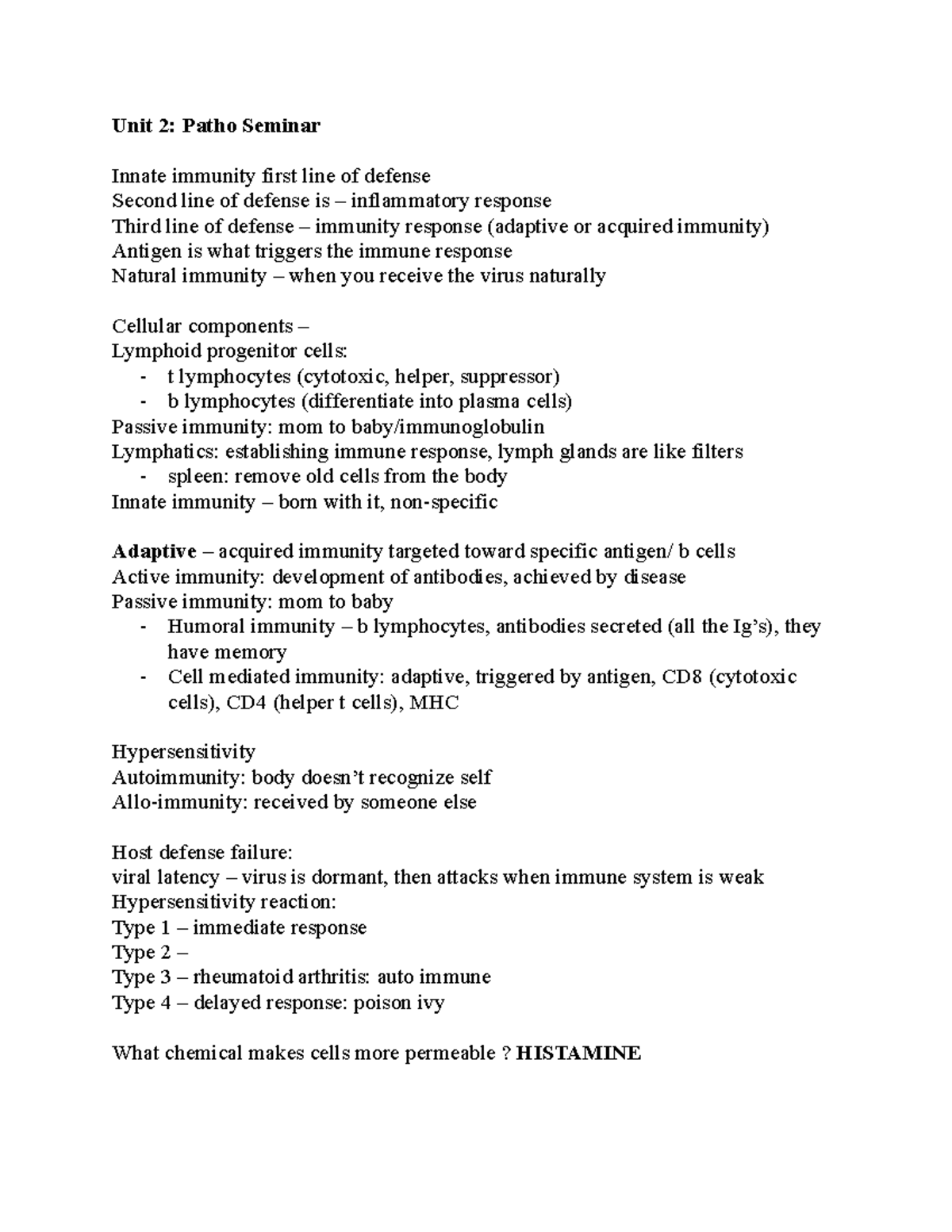 Seminar 2 Patho - This unit 2 covered the different types of immunity ...