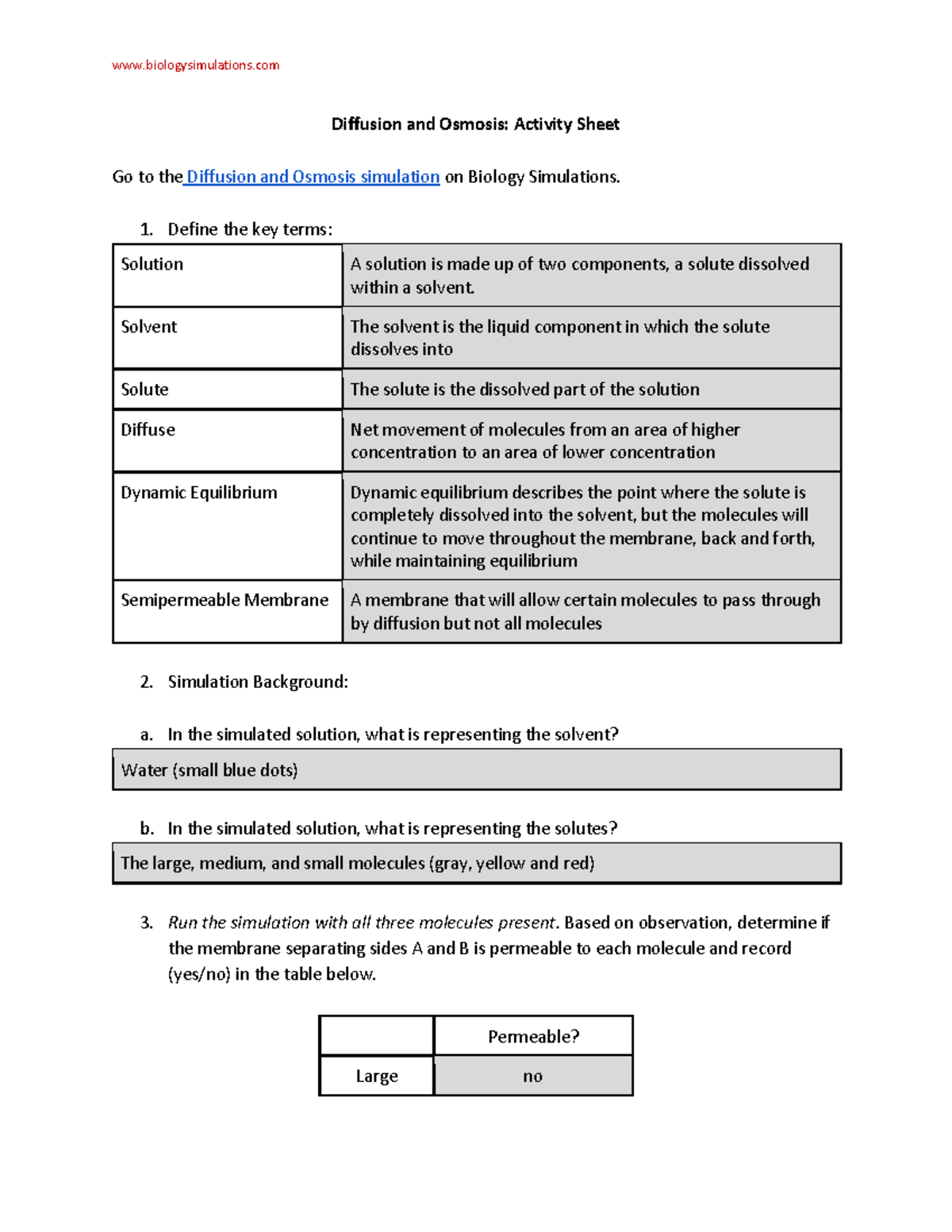 Biology 101: Diffusion and Osmosis Activity Sheet Guide - Studocu