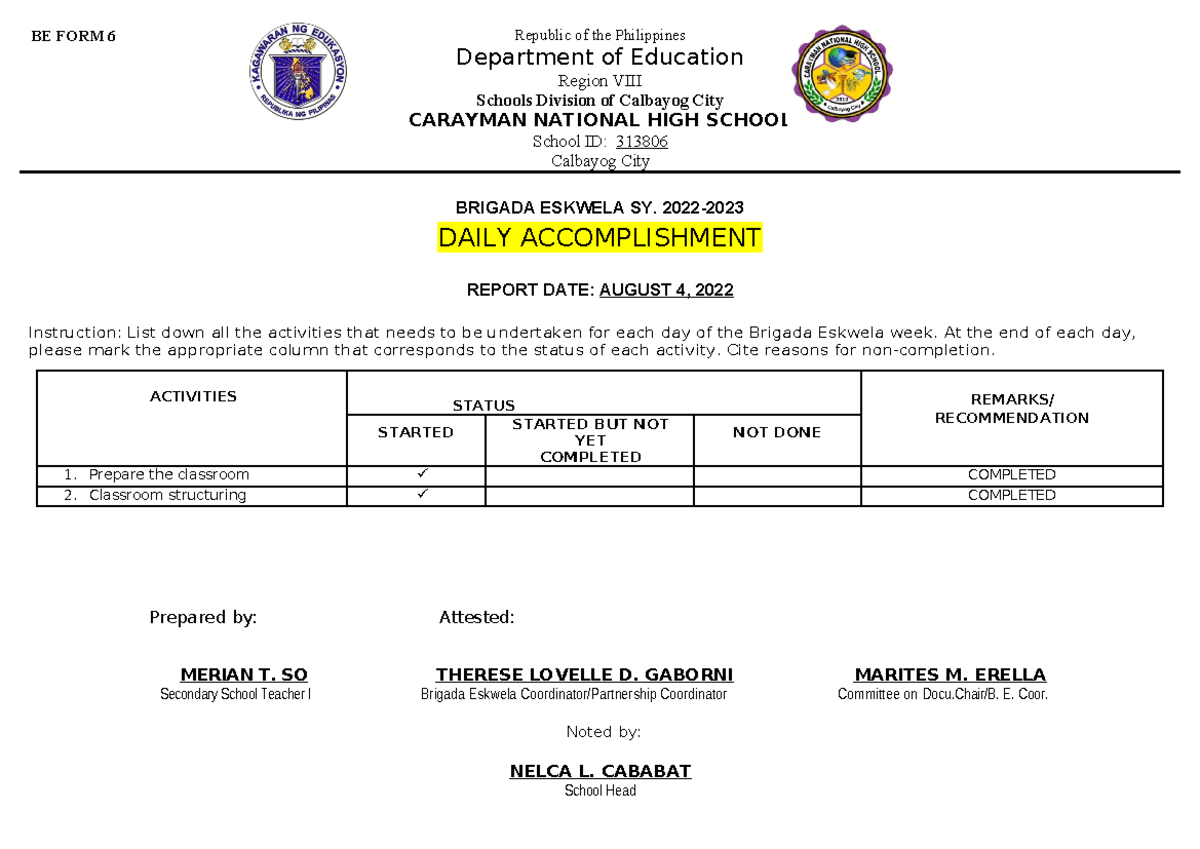 Daily- Accomplishment- Report - Republic of the Philippines Department ...