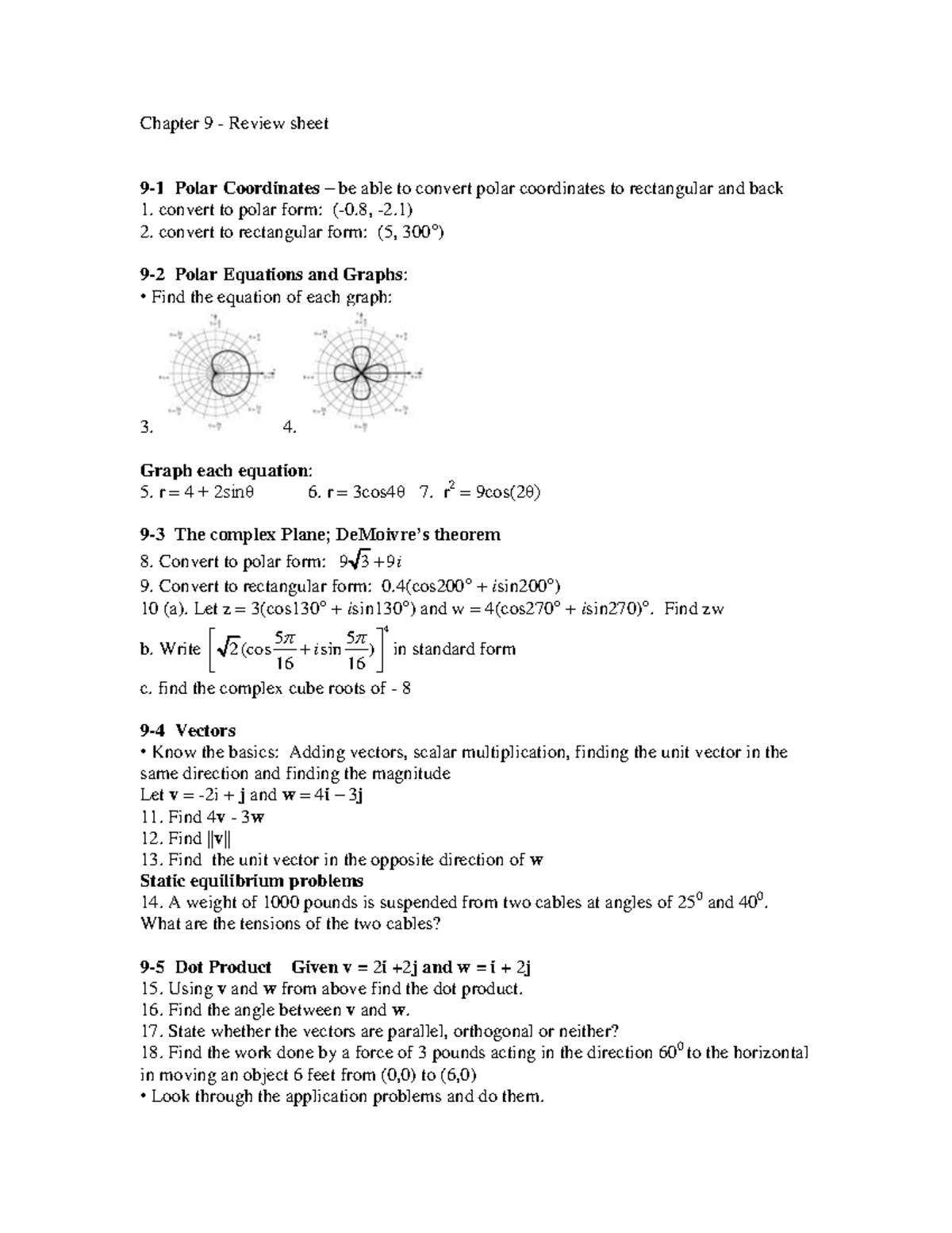 Chapter 9 Review Pre-Calculus - Chapter 9 Review sheet Polar ...