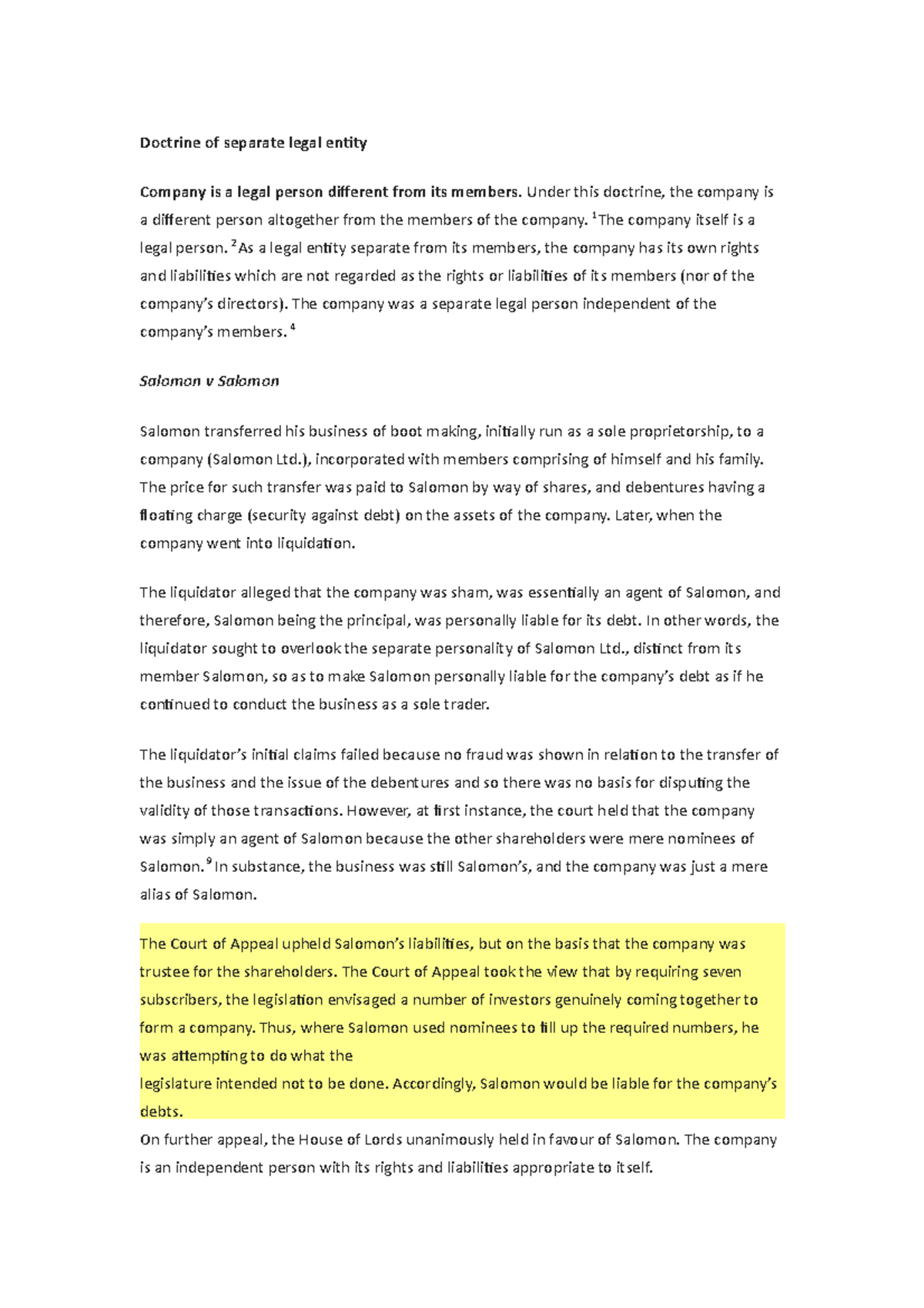 Doctrine of separate legal entity - Doctrine of separate legal entity ...
