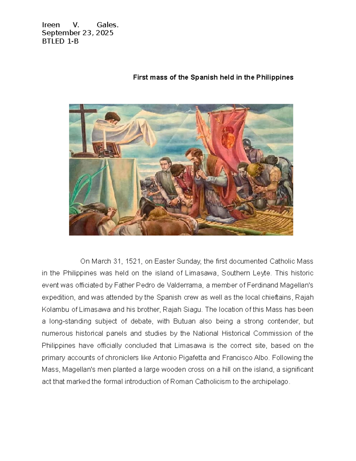 BTLED: First Catholic Mass in the Philippines - March 31, 1521 - Studocu