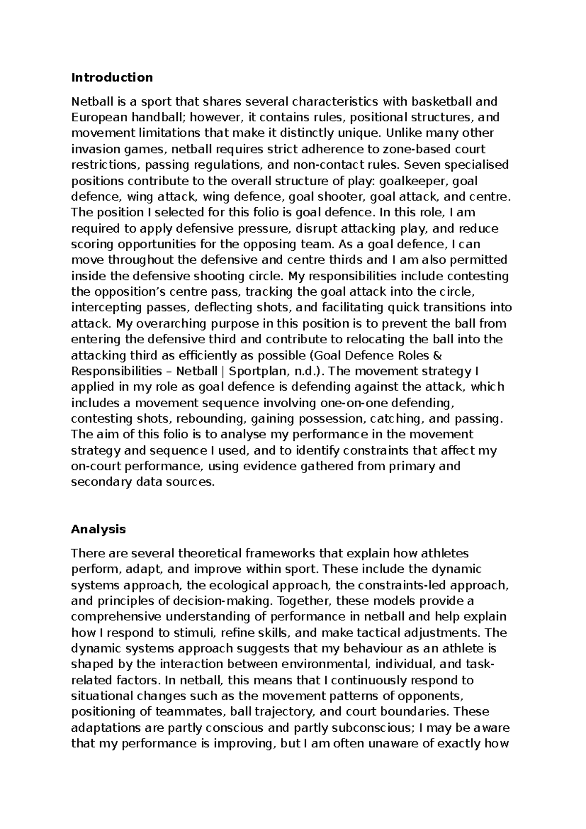 Folio Task 3: Analyzing Goal Defence Performance in Netball - Studocu