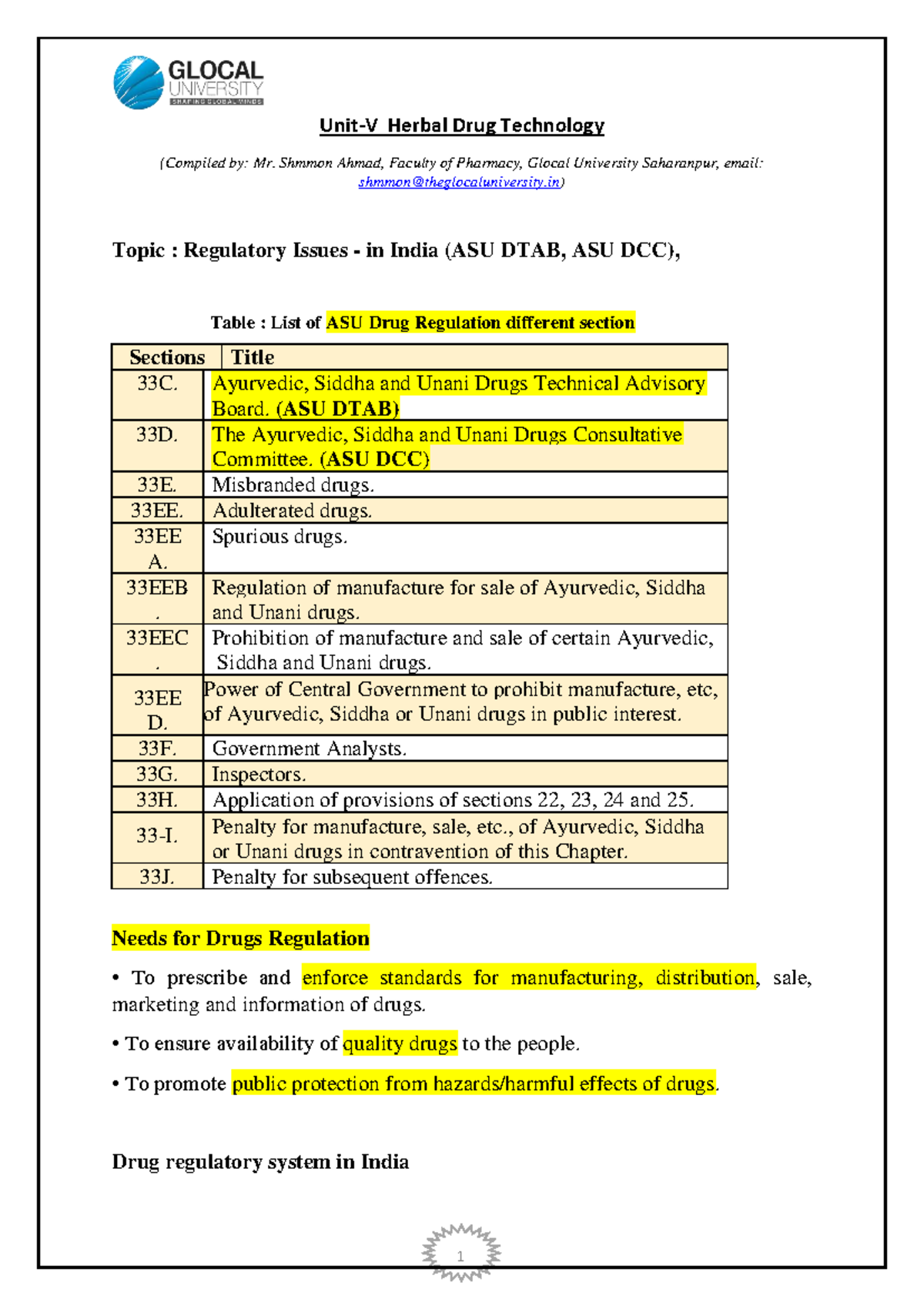 U6th Sem HDT UNIT 5th Regulatory issue-ASU (2) - Unit-V Herbal Drug ...