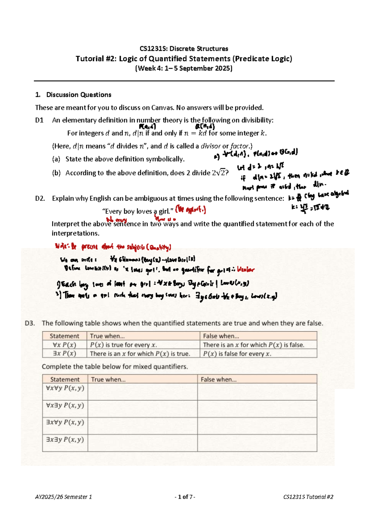 CS1231S: Discrete Structures Tutorial on Predicate Logic (Week 4) - Studocu