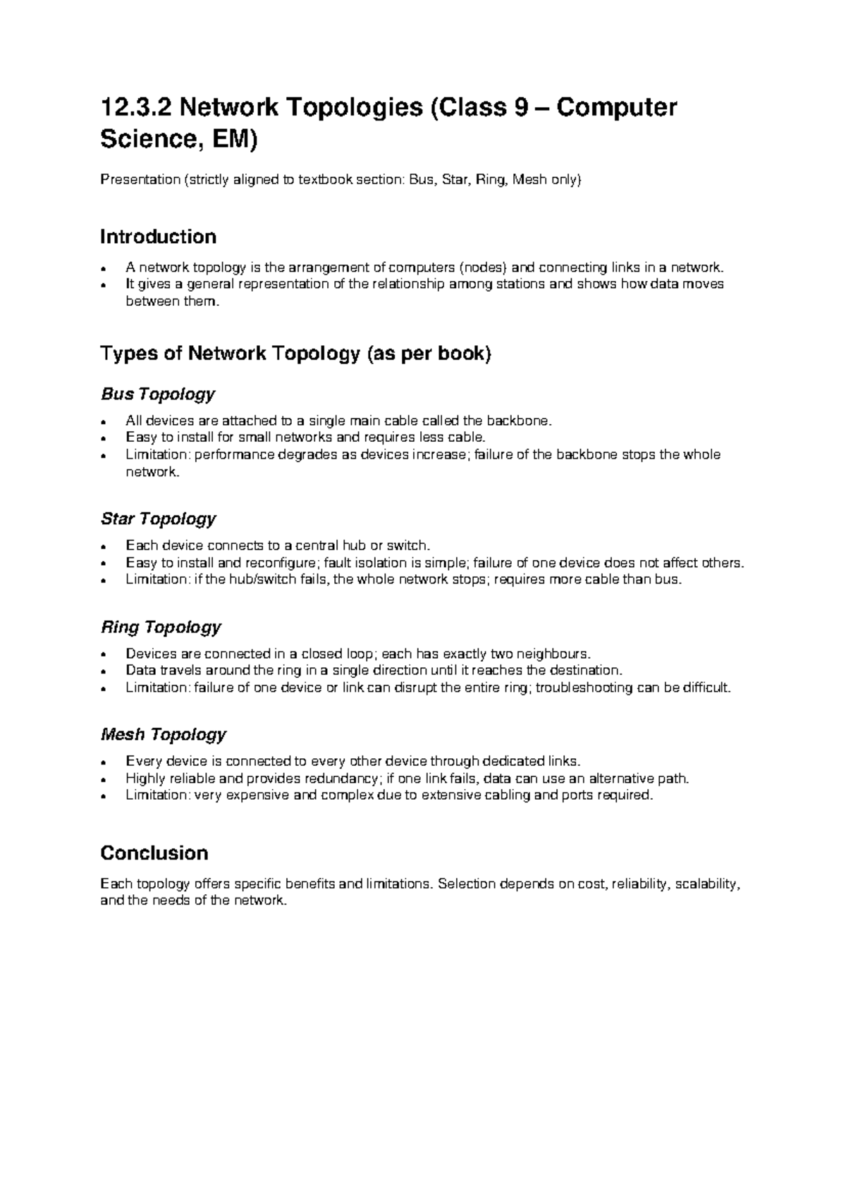 12.3.2 Network Topologies Presentation (Class 9 CS, EM) - Studocu
