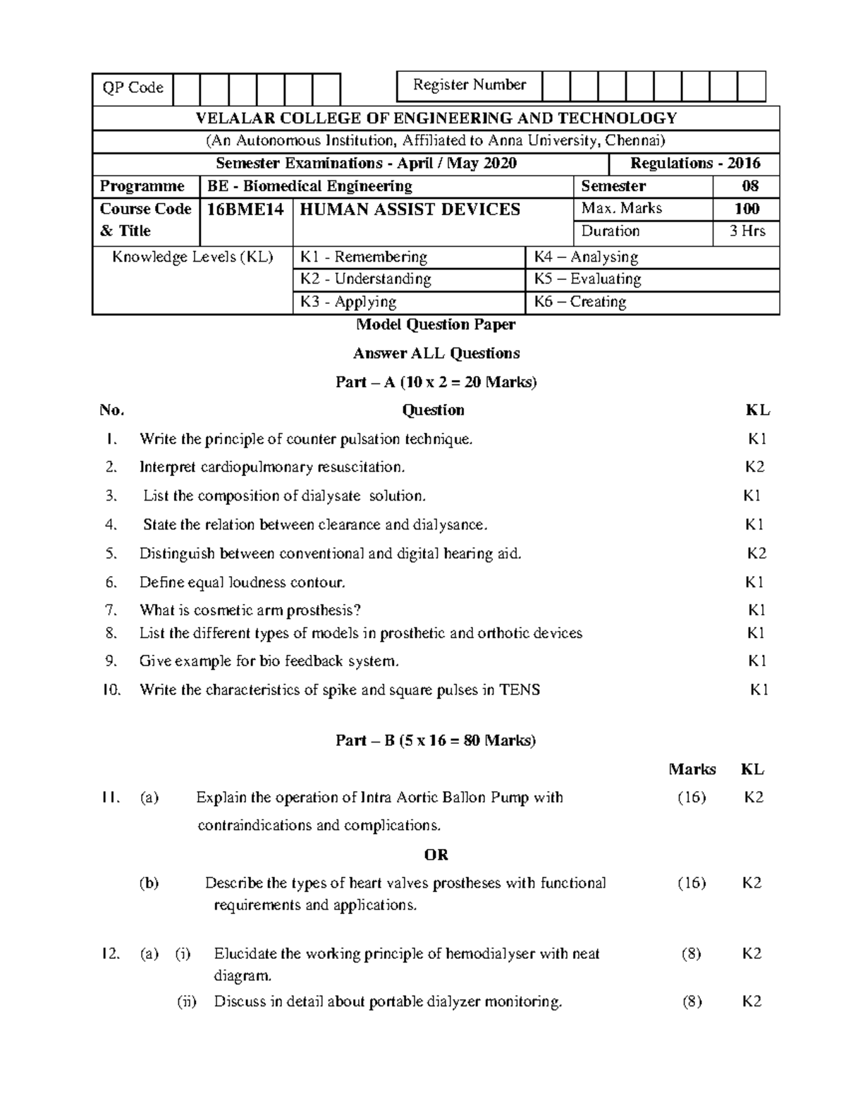 16BME14 Human Assist Devices - Model Question Paper for BE Biomedical ...