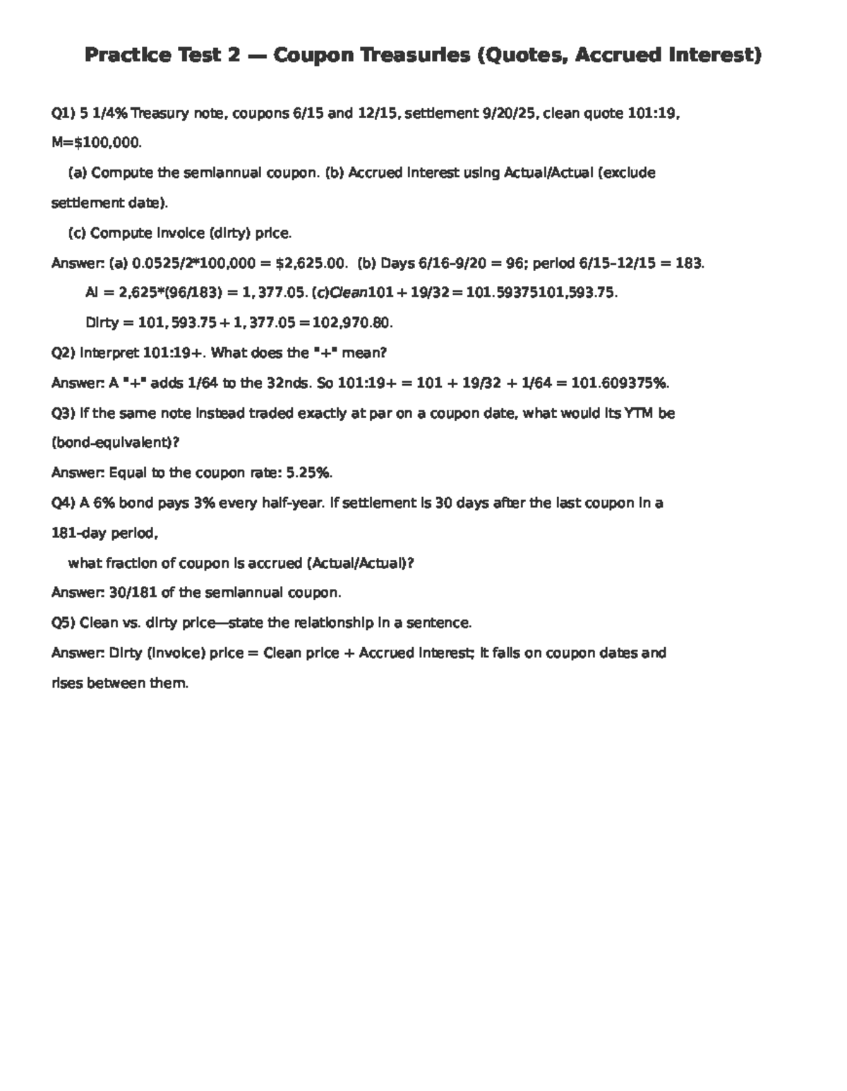 Practice Test 2: Coupon Treasuries & Accrued Interest Analysis - Studocu