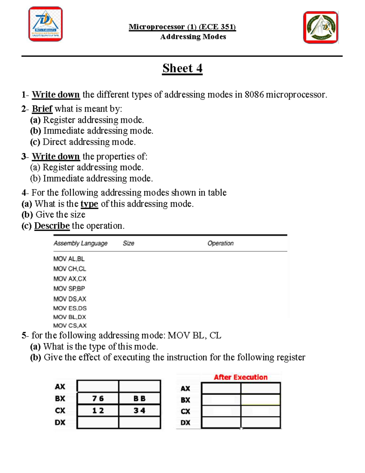 Addressing Modes in 8086 Microprocessor (ECE 351) - Sheet 4 - Studocu