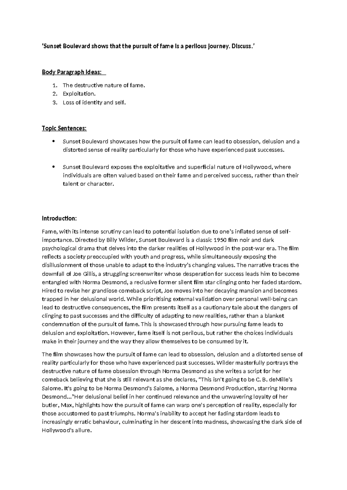 Sunset Boulevard (Film Analysis): The Perils of Pursuing Fame - Studocu
