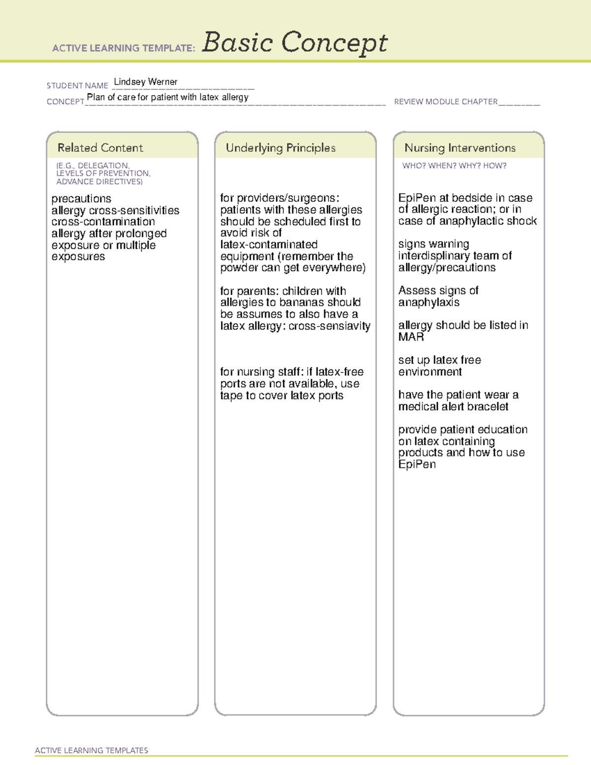 ACTIVE LEARNING TEMPLATE: Care Plan for Latex Allergy (NURS 101) - Studocu