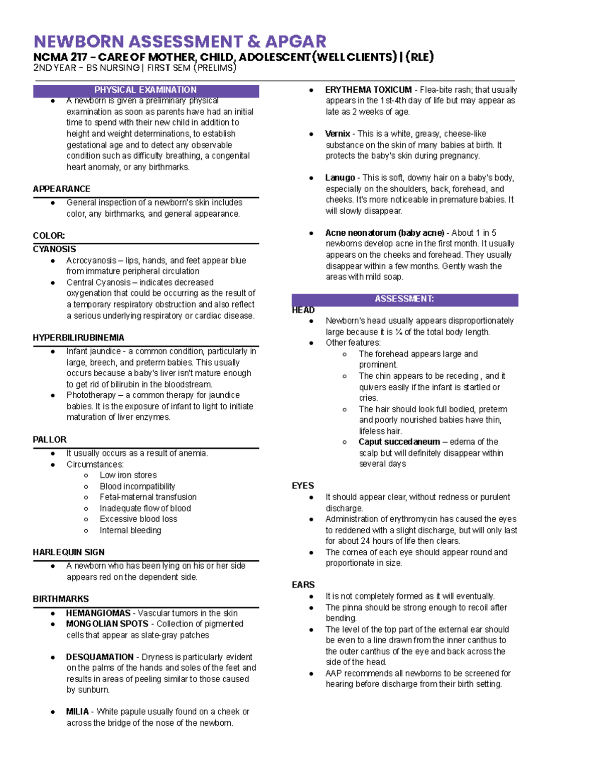 Newborn Assessment: APGAR & Physical Exam NCMA 217 (RLE) 2nd Year ...