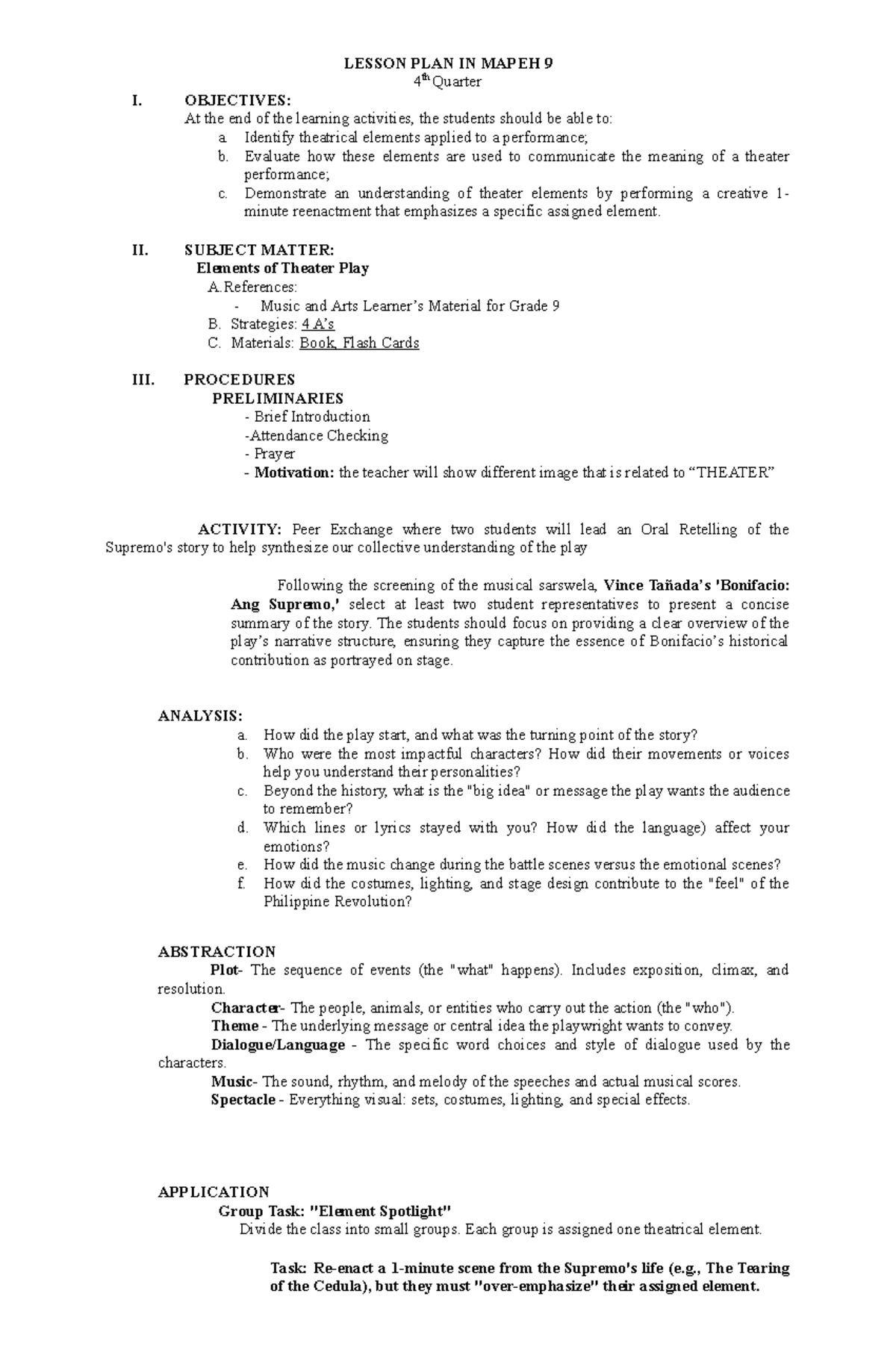 MAPEH 9 Lesson Plan: Elements of Theater Play (4th Quarter) - Studocu