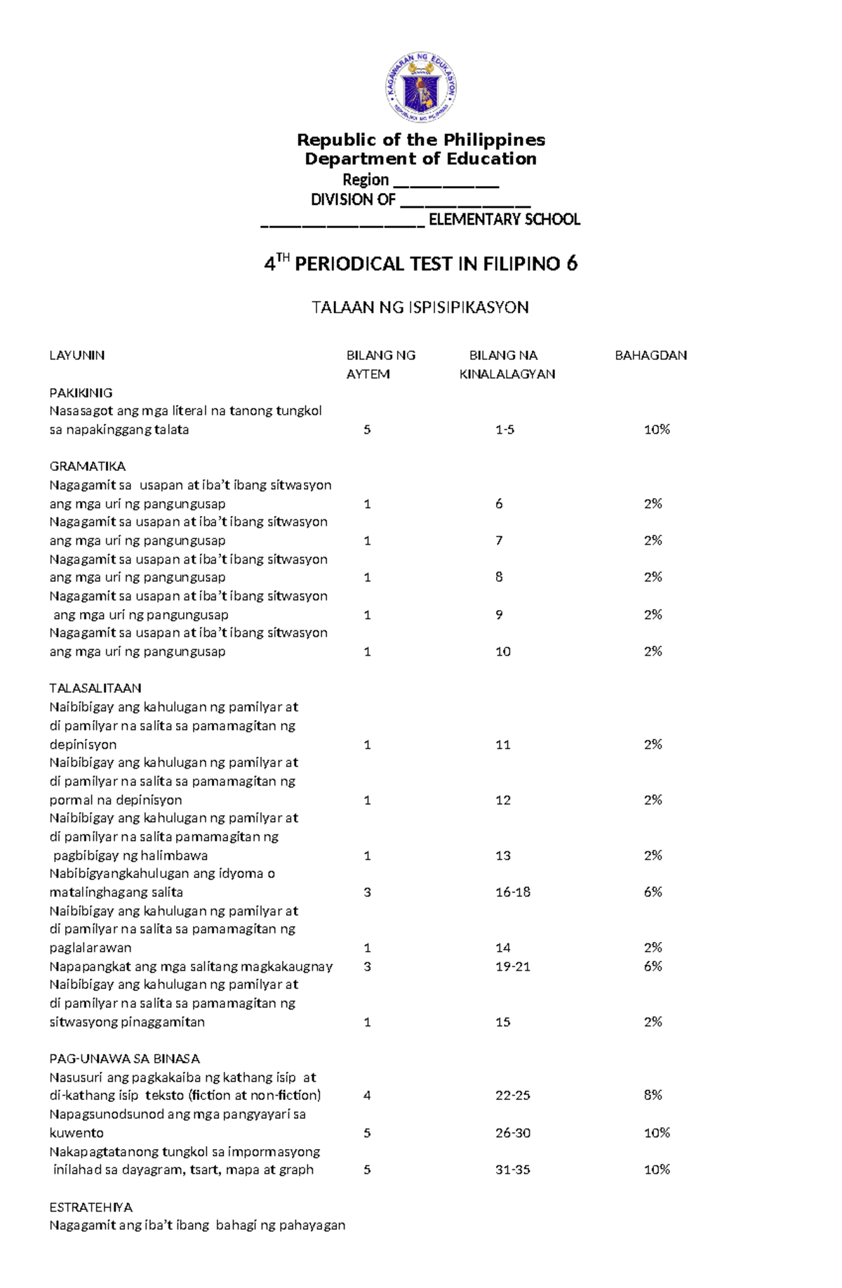 PT Filipino 6 - Q4 V2 - Republic of the Philippines Department of ...