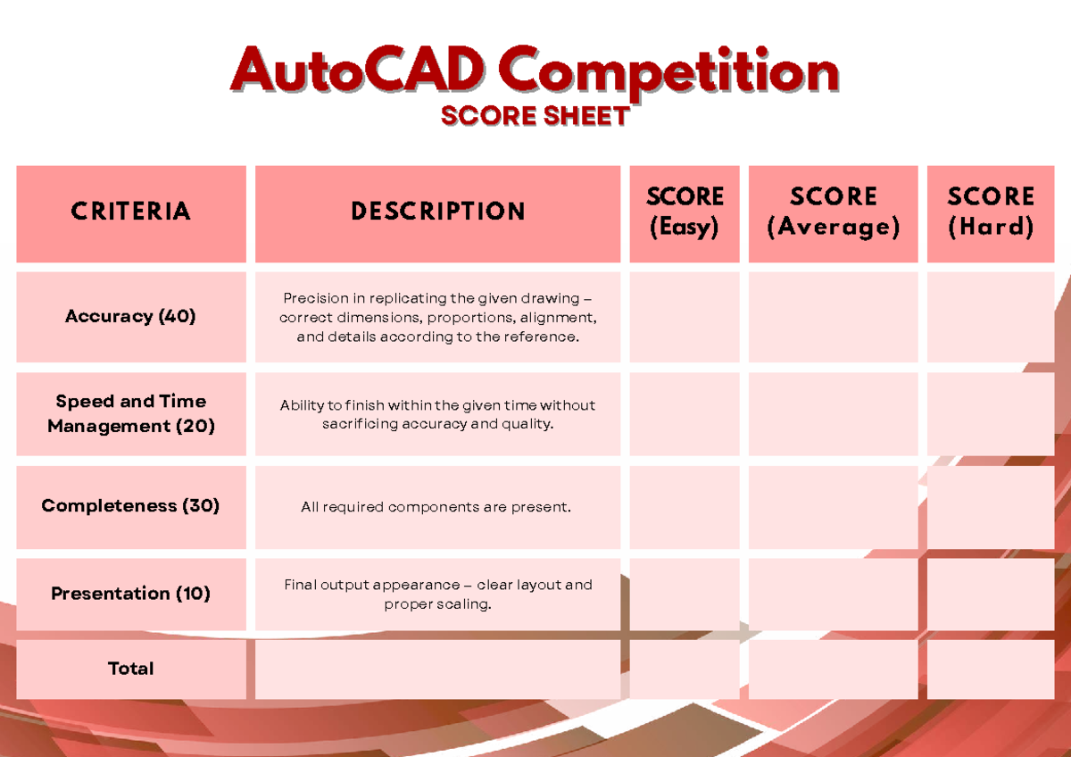 AutoCAD Competition Score Sheet Criteria Overview - Studocu