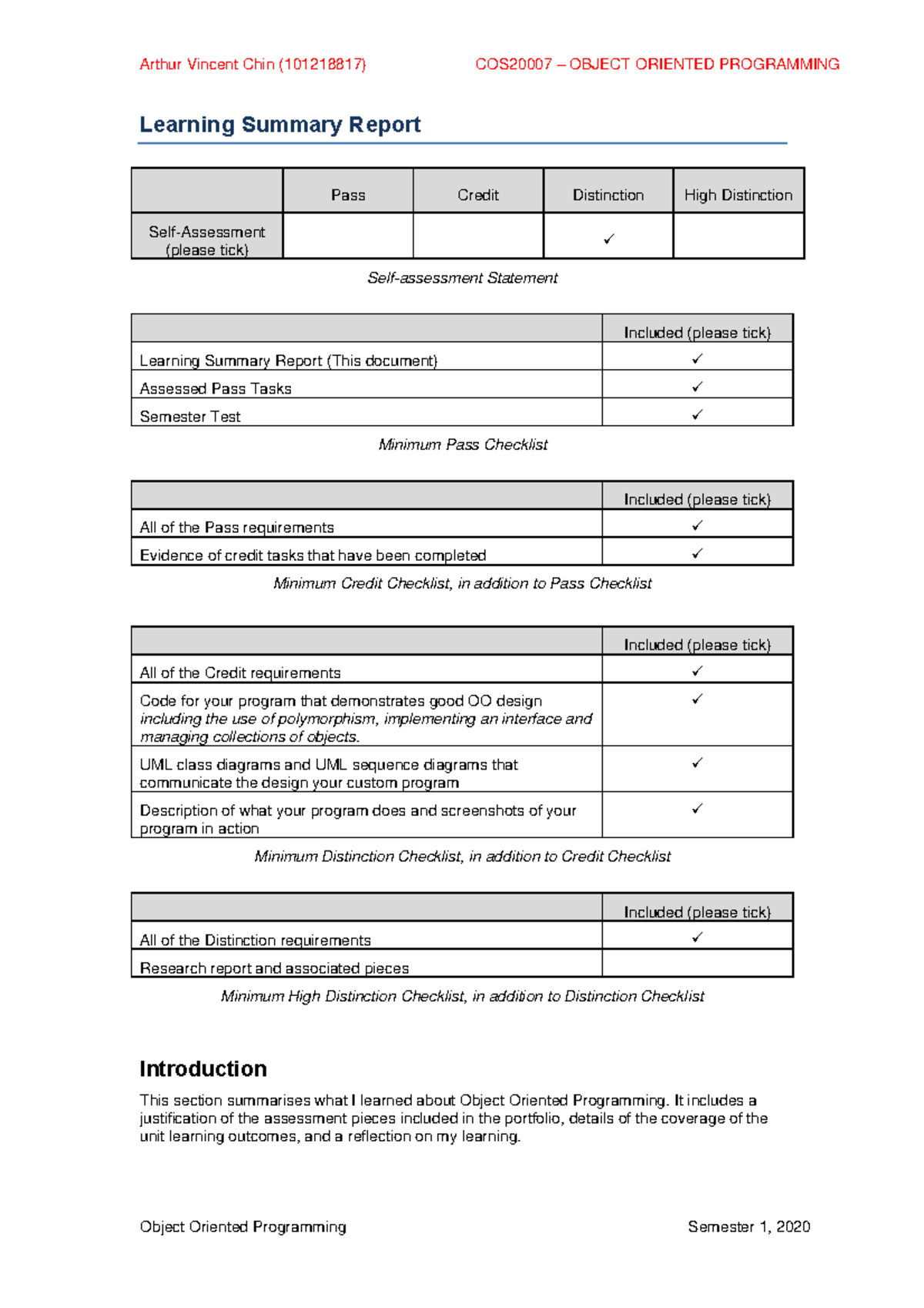 COS20007 - Object Oriented Programming: Learning Summary Report - Studocu