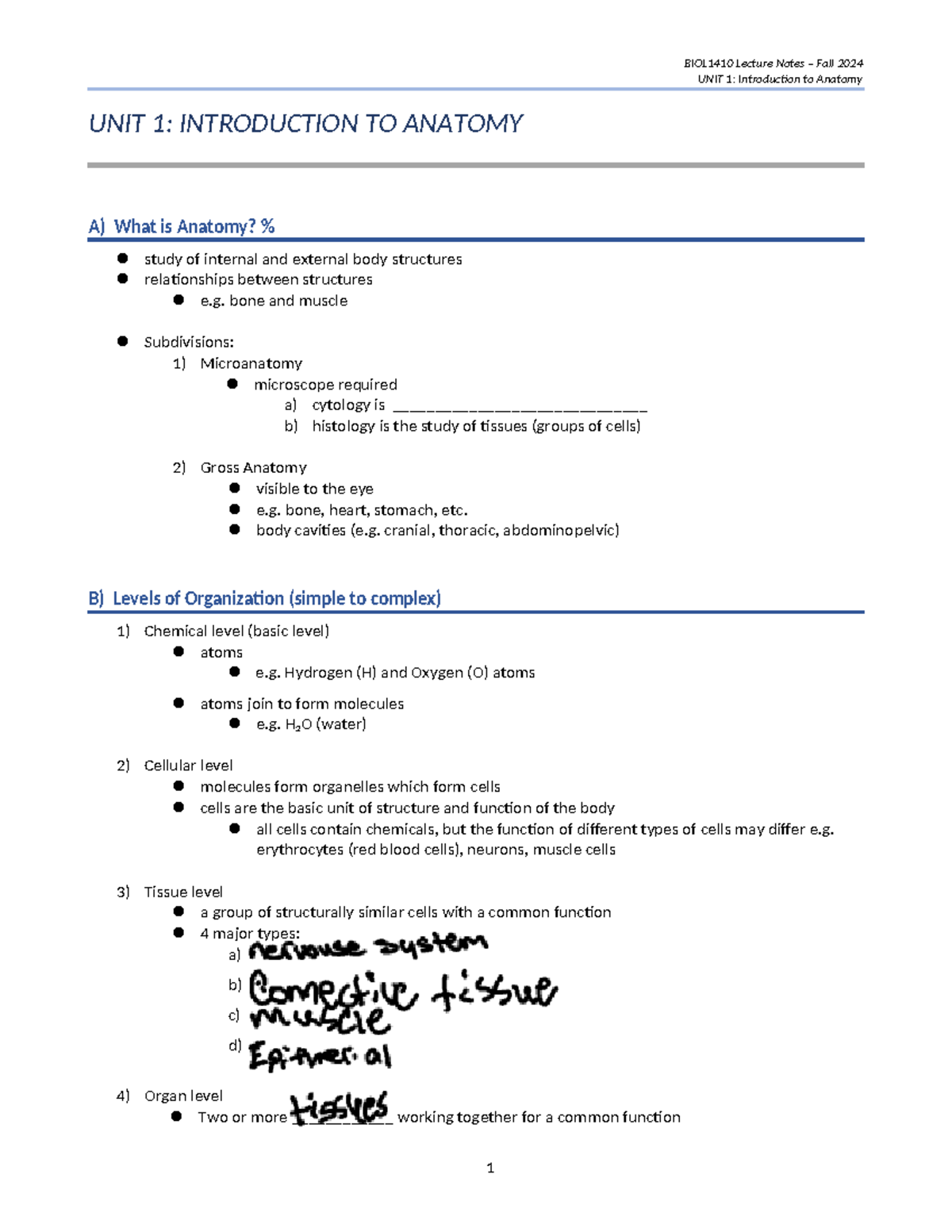 BIOL1410 Lecture Notes Fall 2024: Unit 1 - Intro to Anatomy - Studocu