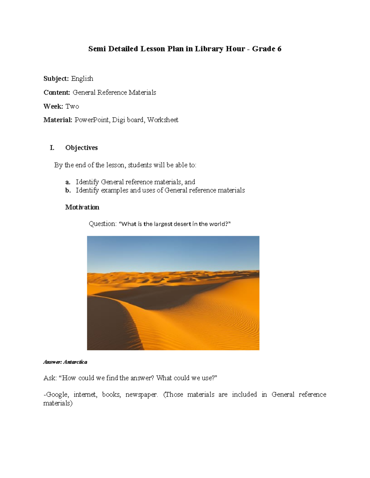 Grade 6 English Lesson Plan: General Reference Materials (Week 2) - Studocu