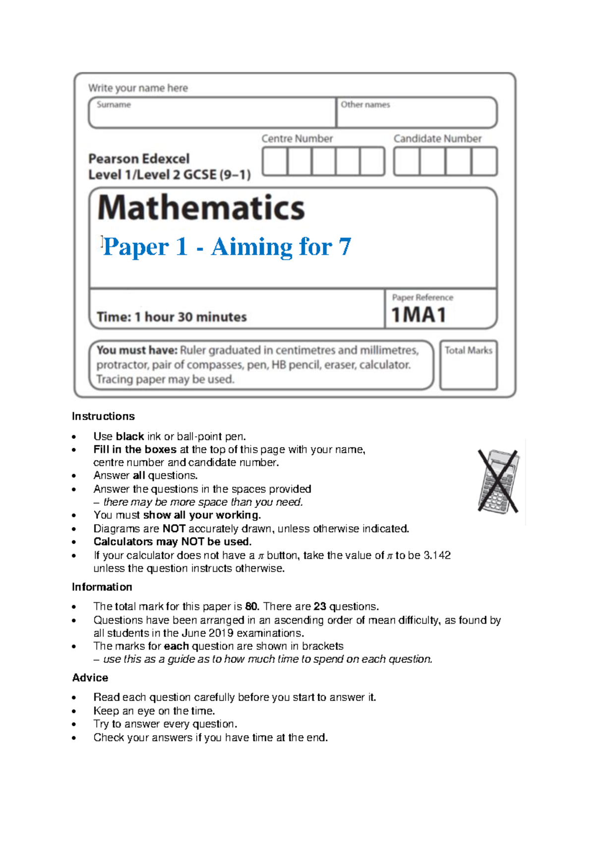 1a - Grade 7 Non-Calculator Paper 1: Question Paper for Assessment ...