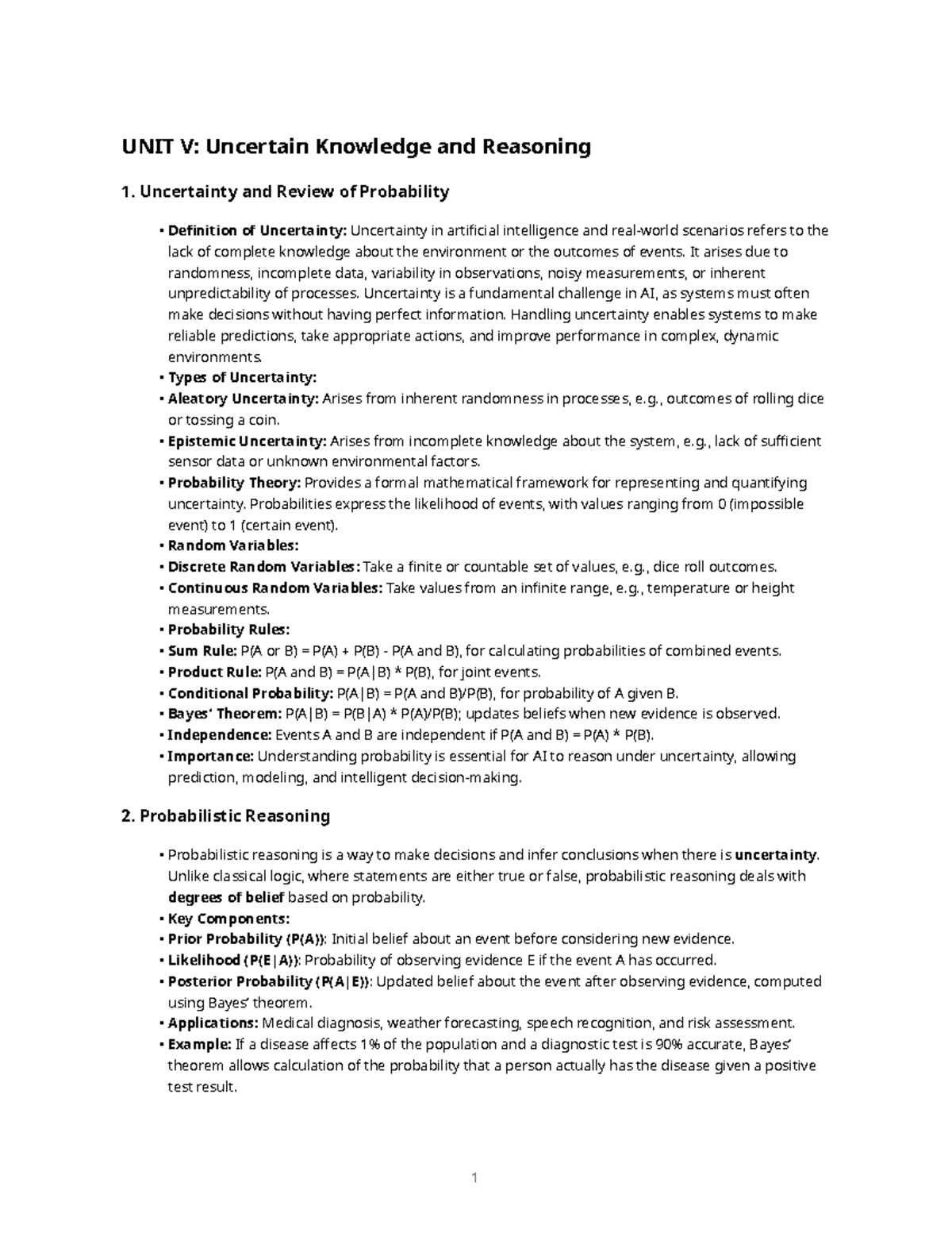 Unit V: Uncertain Knowledge and Reasoning in AI - Studocu