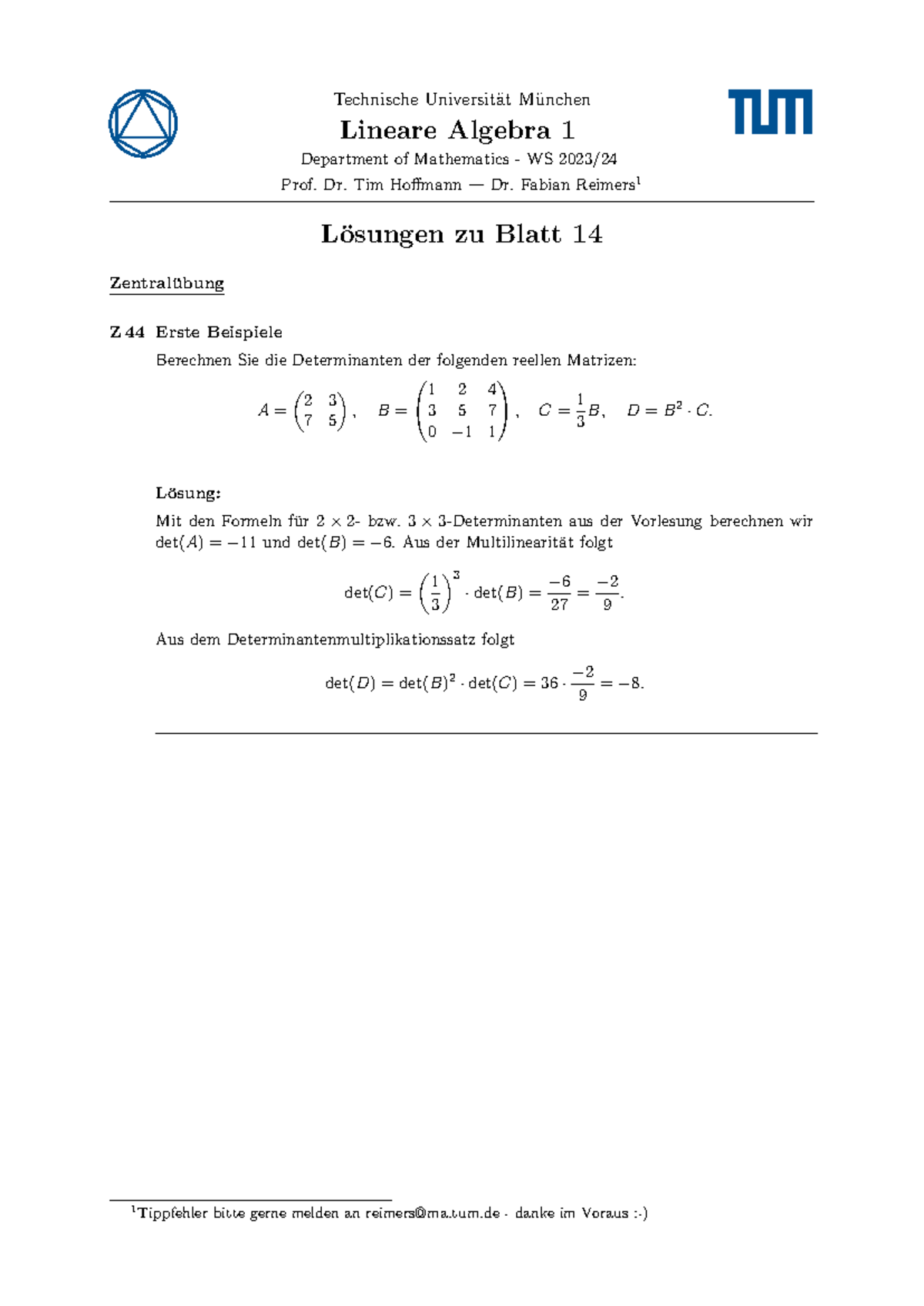 Lösungen zu Blatt 14: Determinanten und Multilinearformen - Technische ...