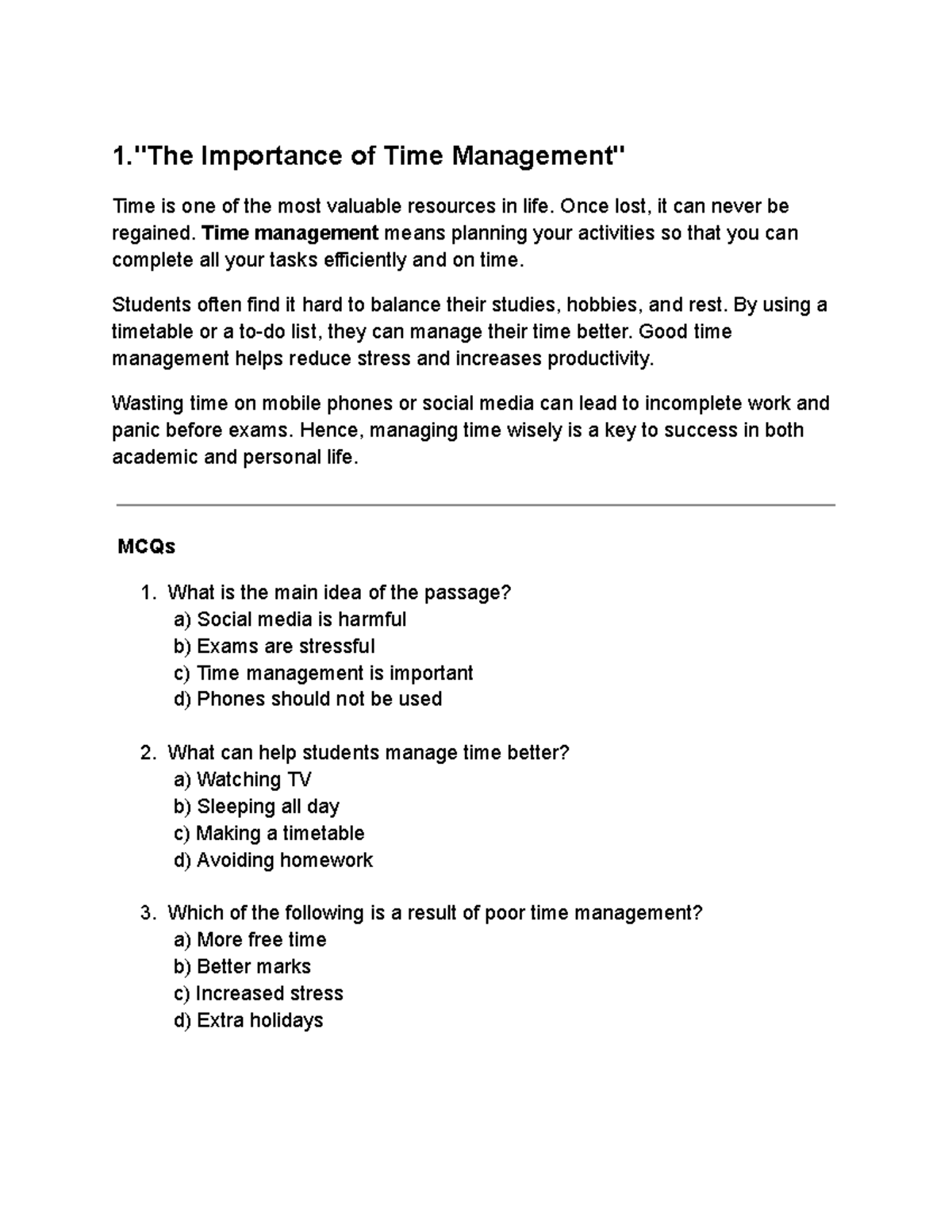MCQs on Time Management and Plastic Pollution - Studocu