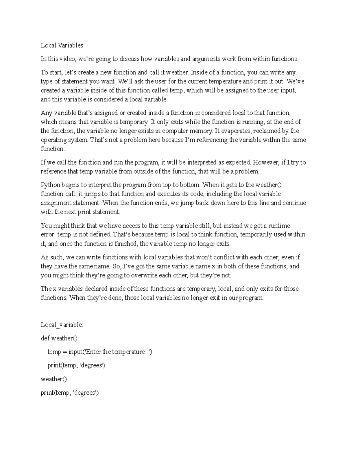 Understanding Local Variables and Their Scope in Python Functions - Studocu