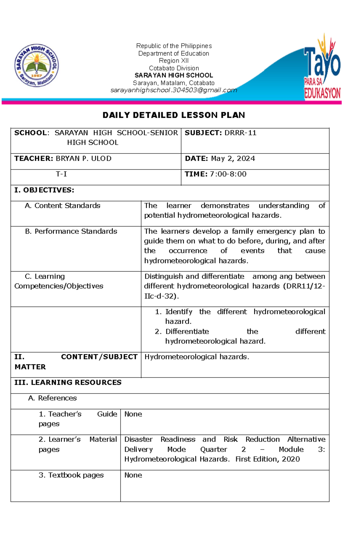 DRRR-CO-2: Detailed Lesson Plan on Hydrometeorological Hazards - Studocu