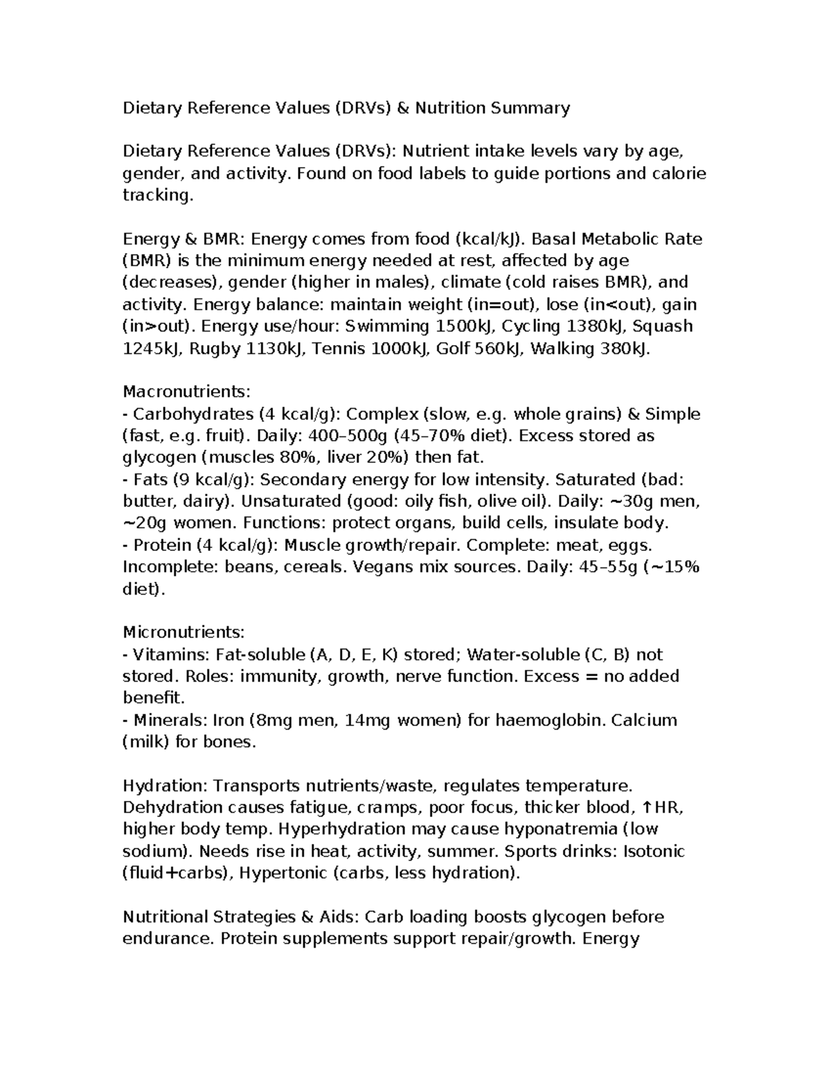 DRV Nutrition Summary: Dietary Reference Values & Nutritional ...