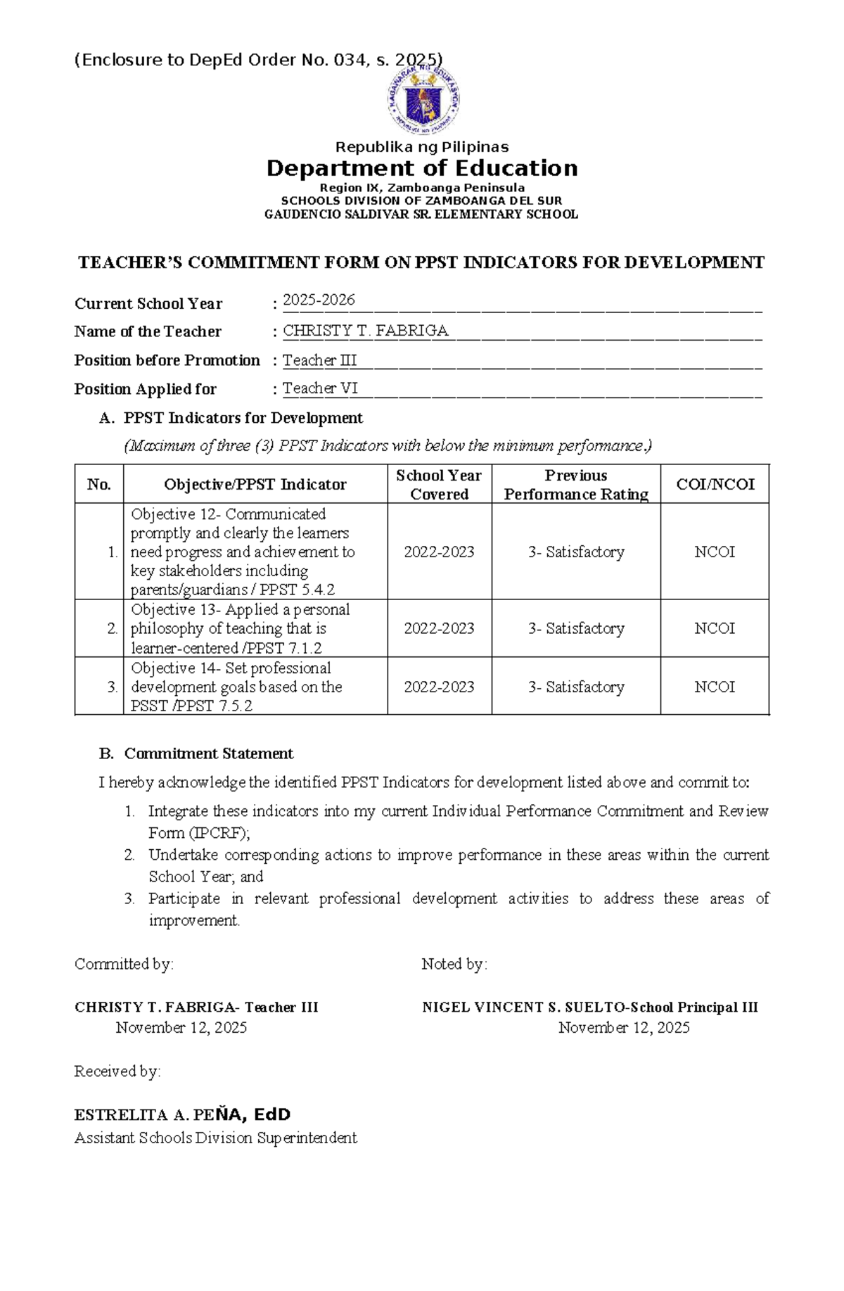 Commitment Form on PPST Indicators for Development (DepEd Order No. 034 ...