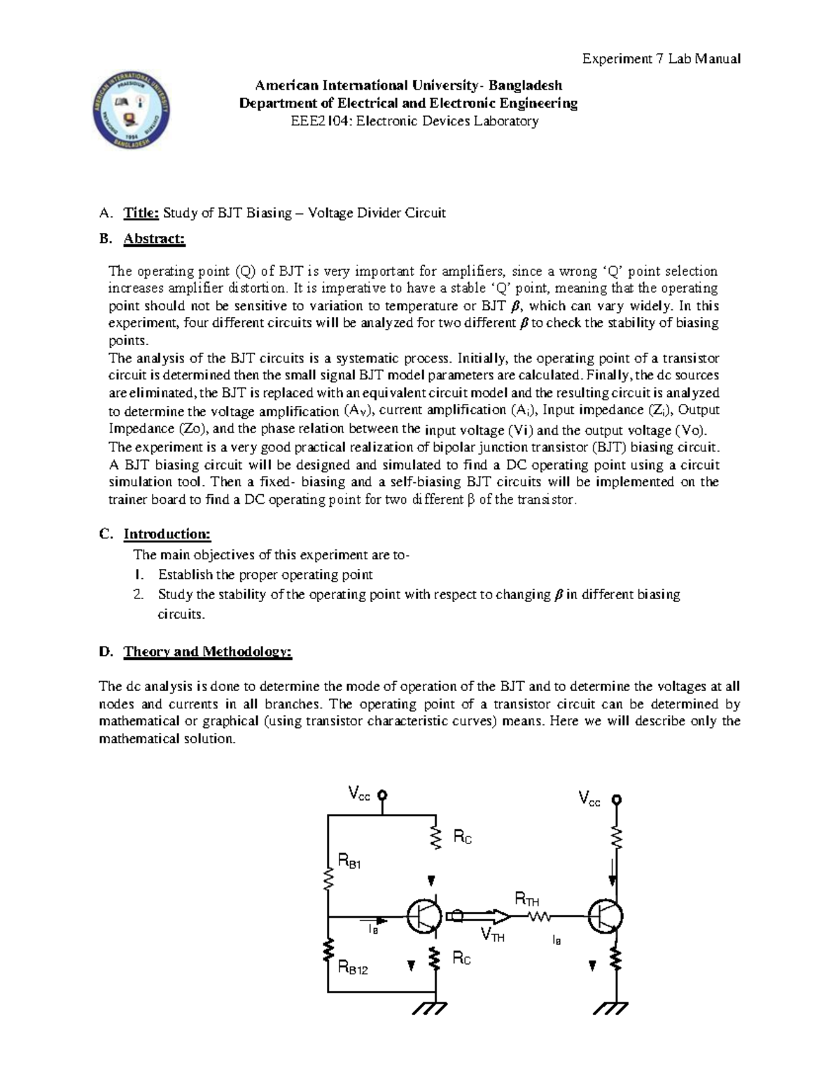 BJT Biasing Experiment - Voltage Divider Circuit Lab Manual EEE2104 - Studocu