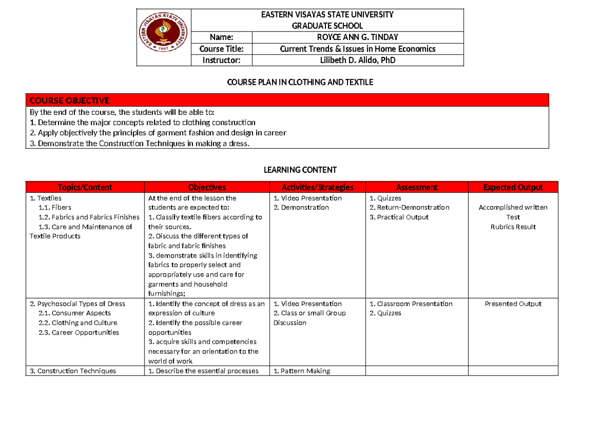 Course PLAN FOR Clothing AND Textile - COURSE PLAN IN CLOTHING AND ...