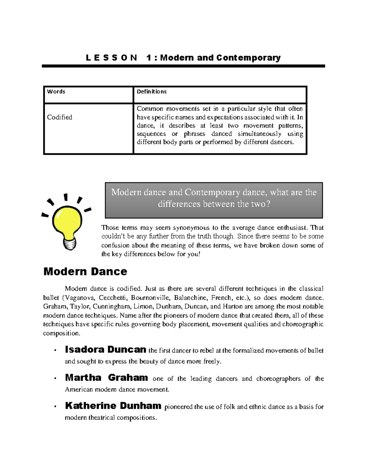 Lesson 1 - Understanding Modern vs. Contemporary Dance Techniques - Studocu