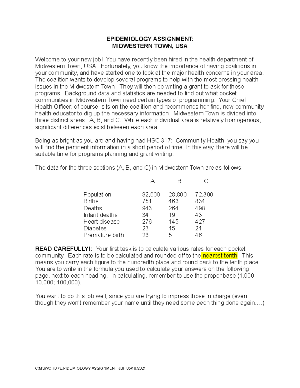 Epidemiology Worksheet - EPIDEMIOLOGY ASSIGNMENT: MIDWESTERN TOWN, USA ...