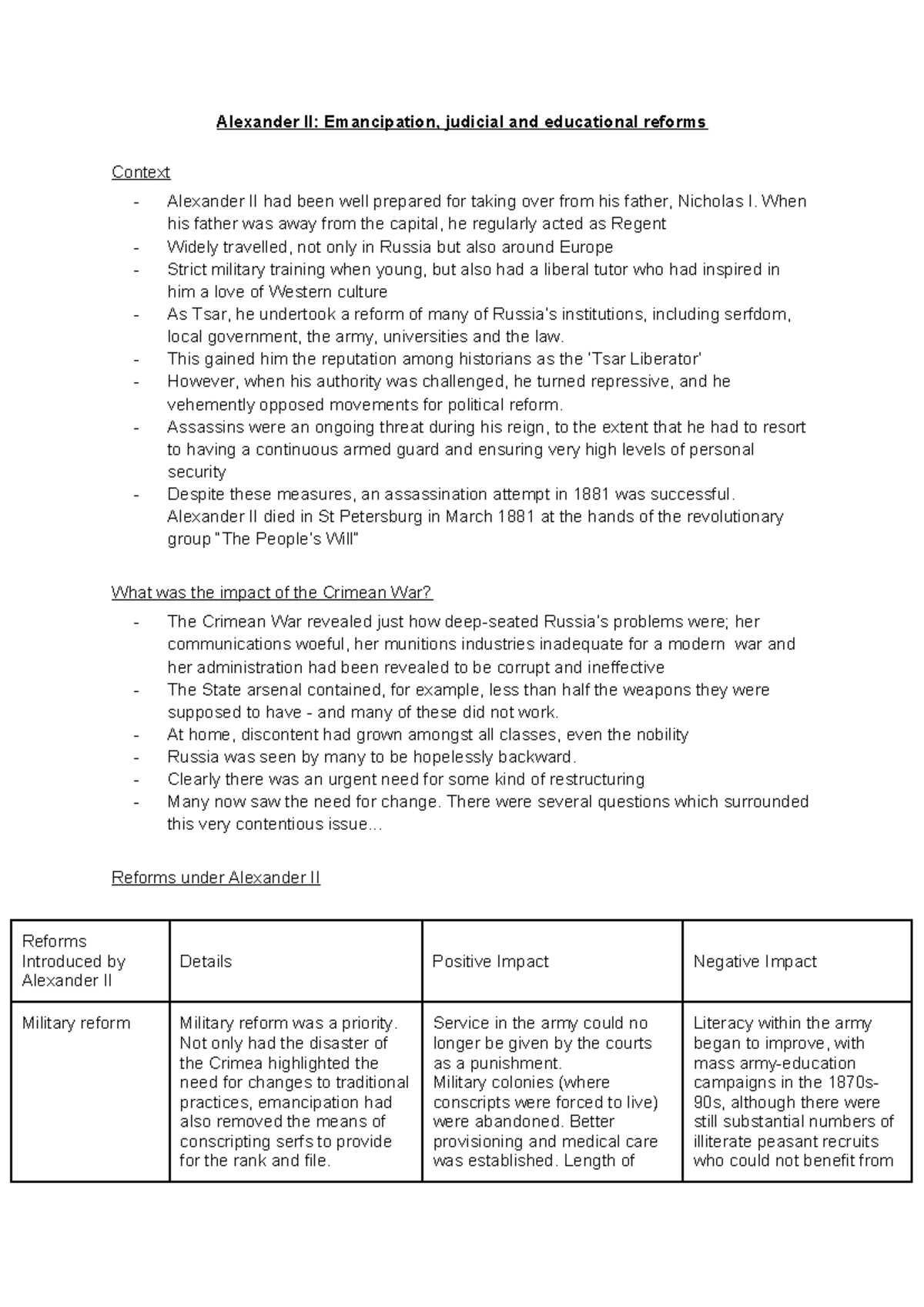 Alexander II's Reforms: Emancipation, Military, and Education (AQA ...