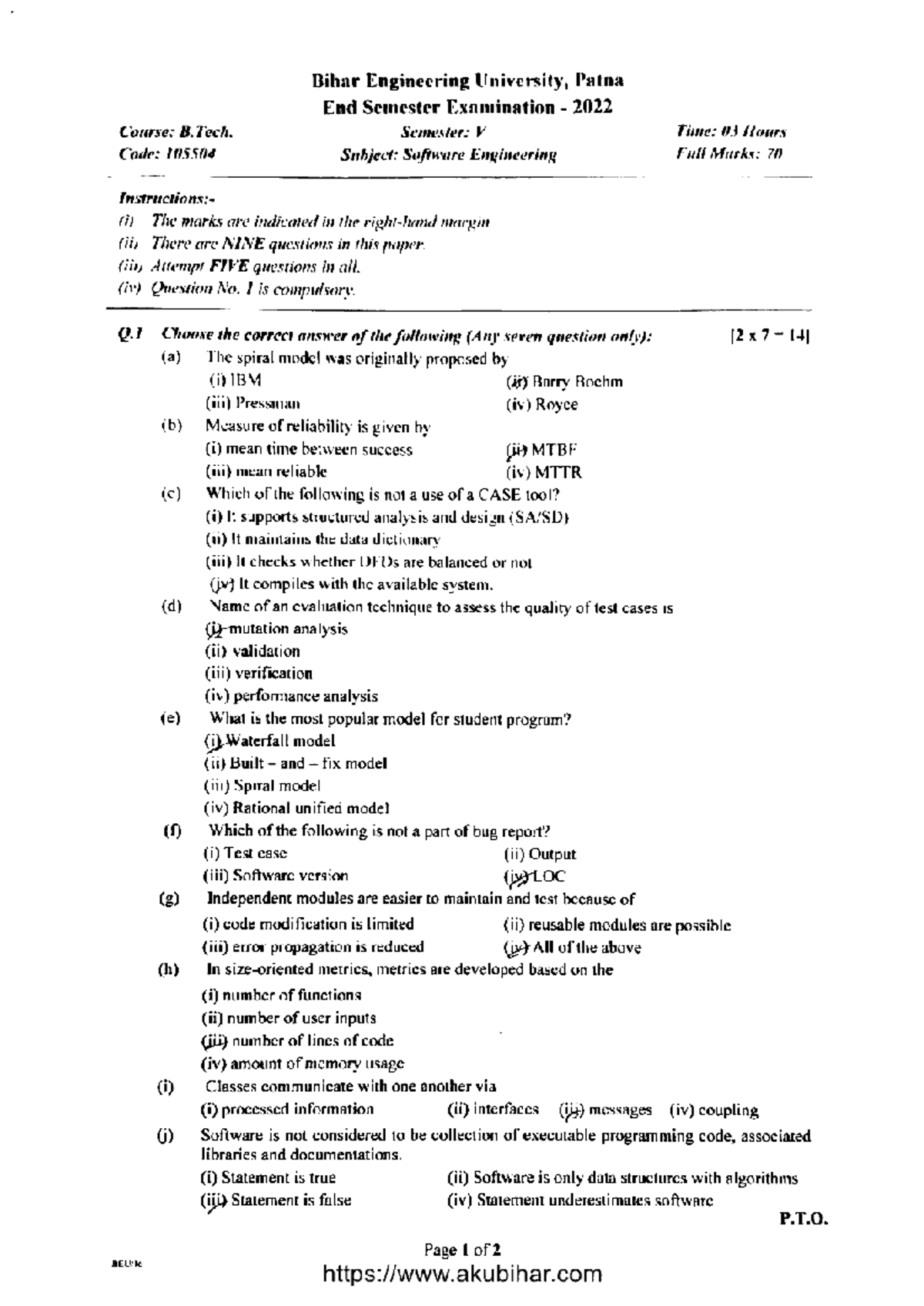 B. Tech 5th Sem Software Engineering Exam 105504 - End Semester 2022 ...