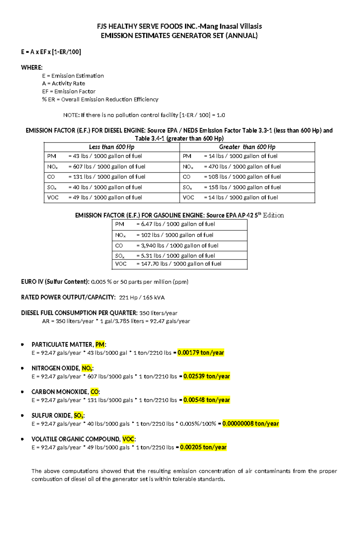 FJS Emission Estimates for Genset (Annual) - PTO Analysis - Studocu