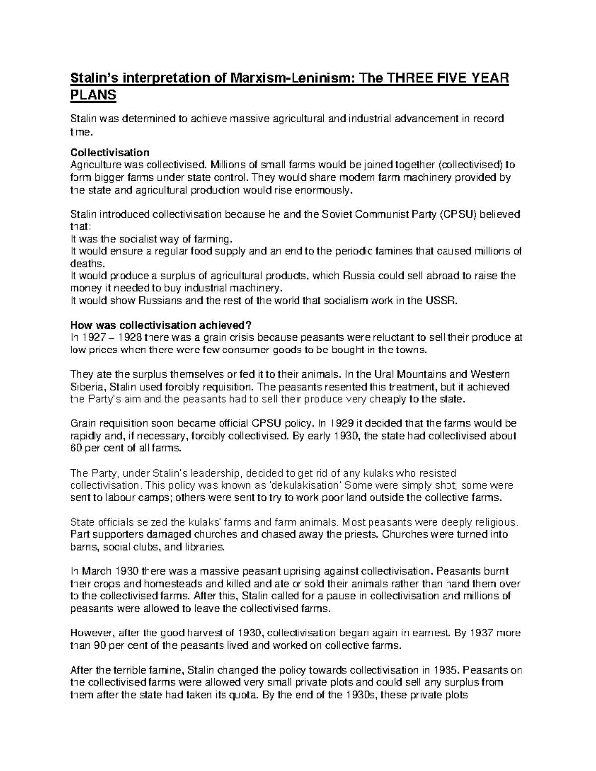 Stalin's Five Year Plans: Collectivisation & Industrialisation Notes ...