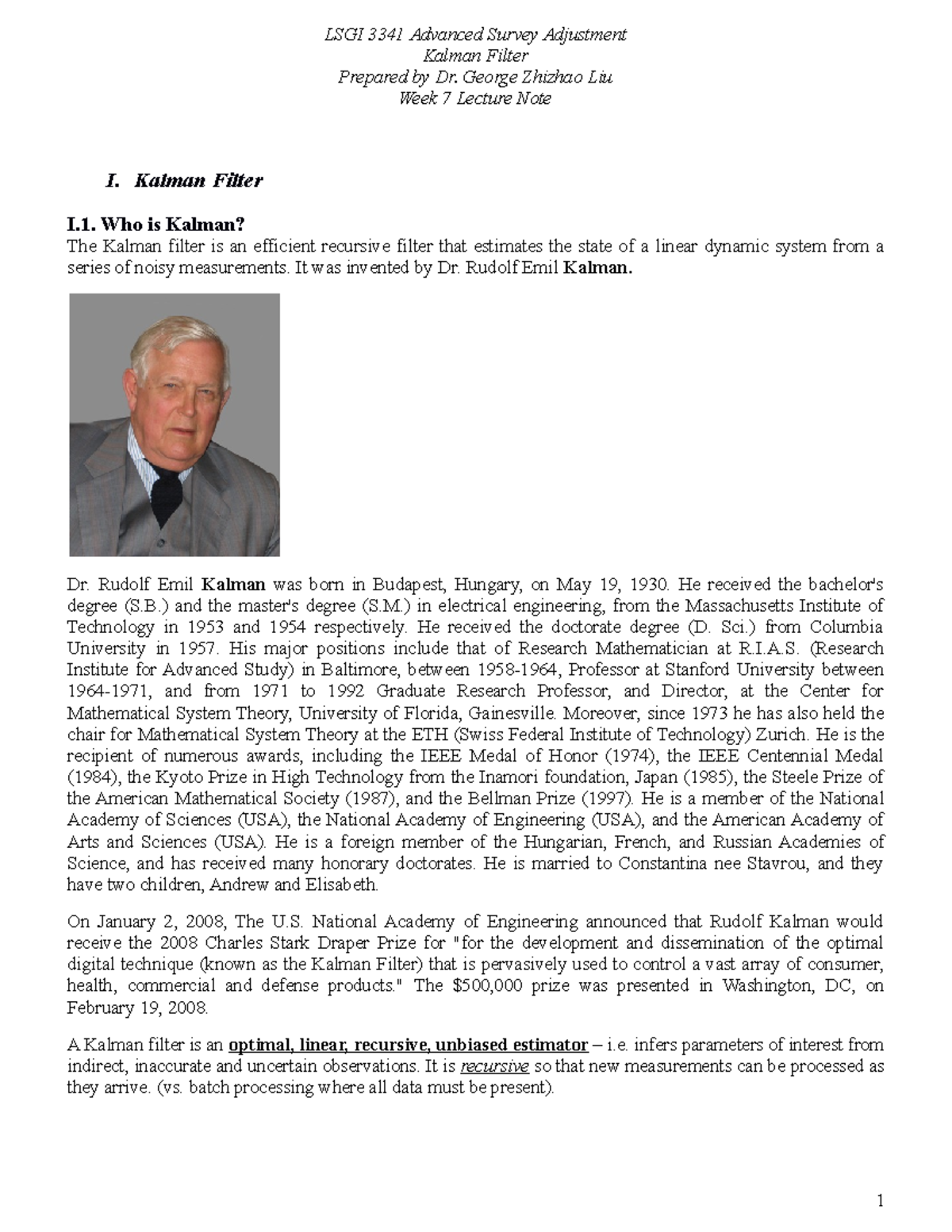 LSGI 3341 Week 7 Lecture Notes on Kalman Filter Concepts - Studocu